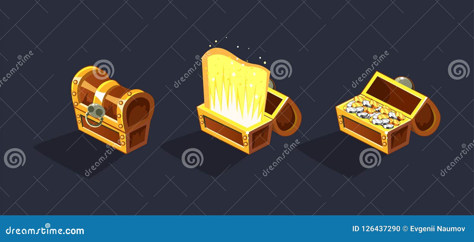 Treasure Chest, Open and Closed Antique Boxes with Coins, Game User ...