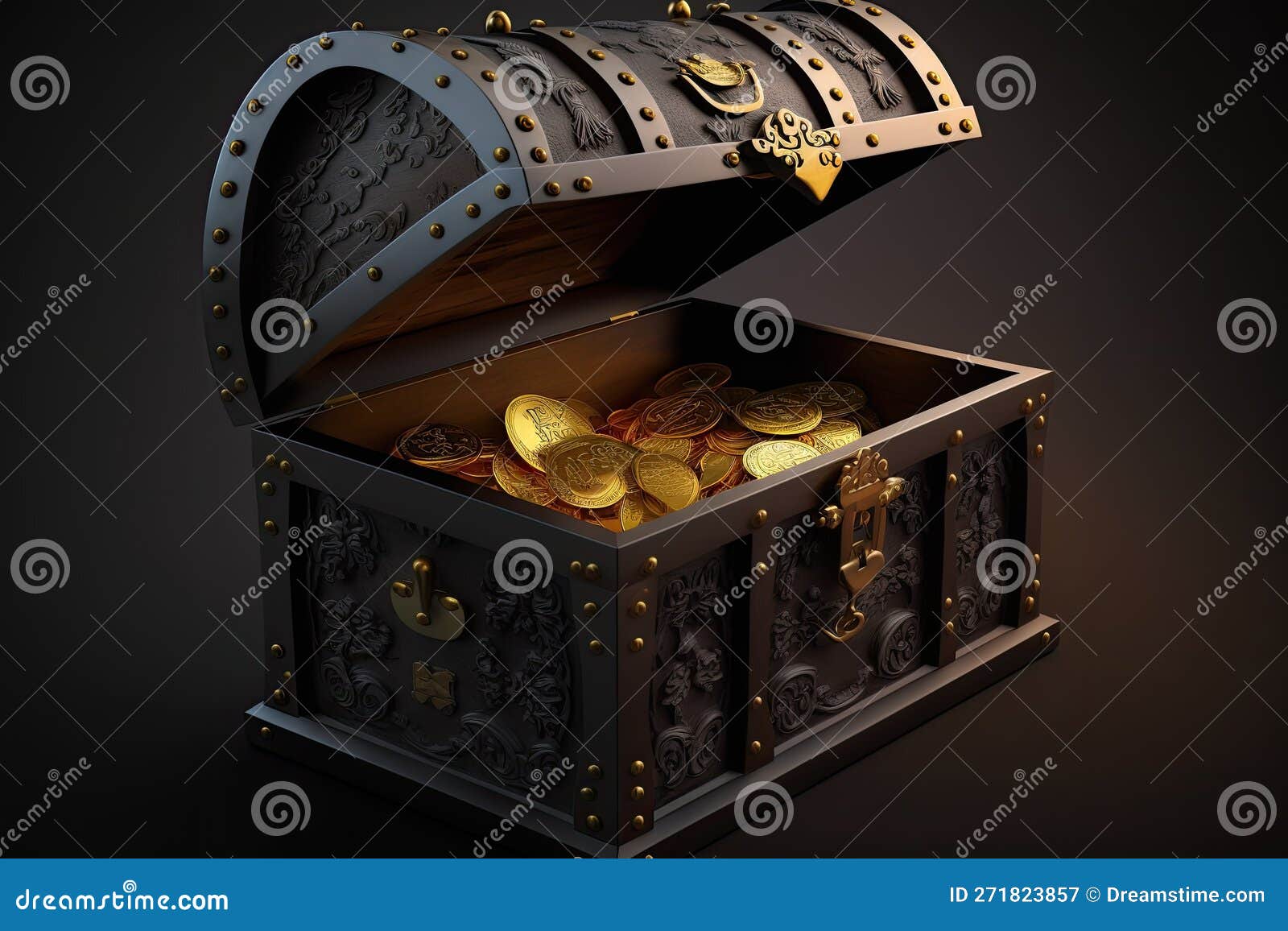 Treasure Chest Open on Dark Backdrop with Gold Coins Inside Stock ...