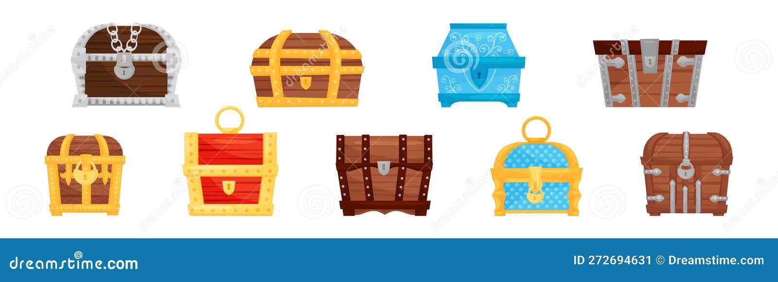 Treasure Chest with Padlock and Metal Band Vector Set Stock Vector ...