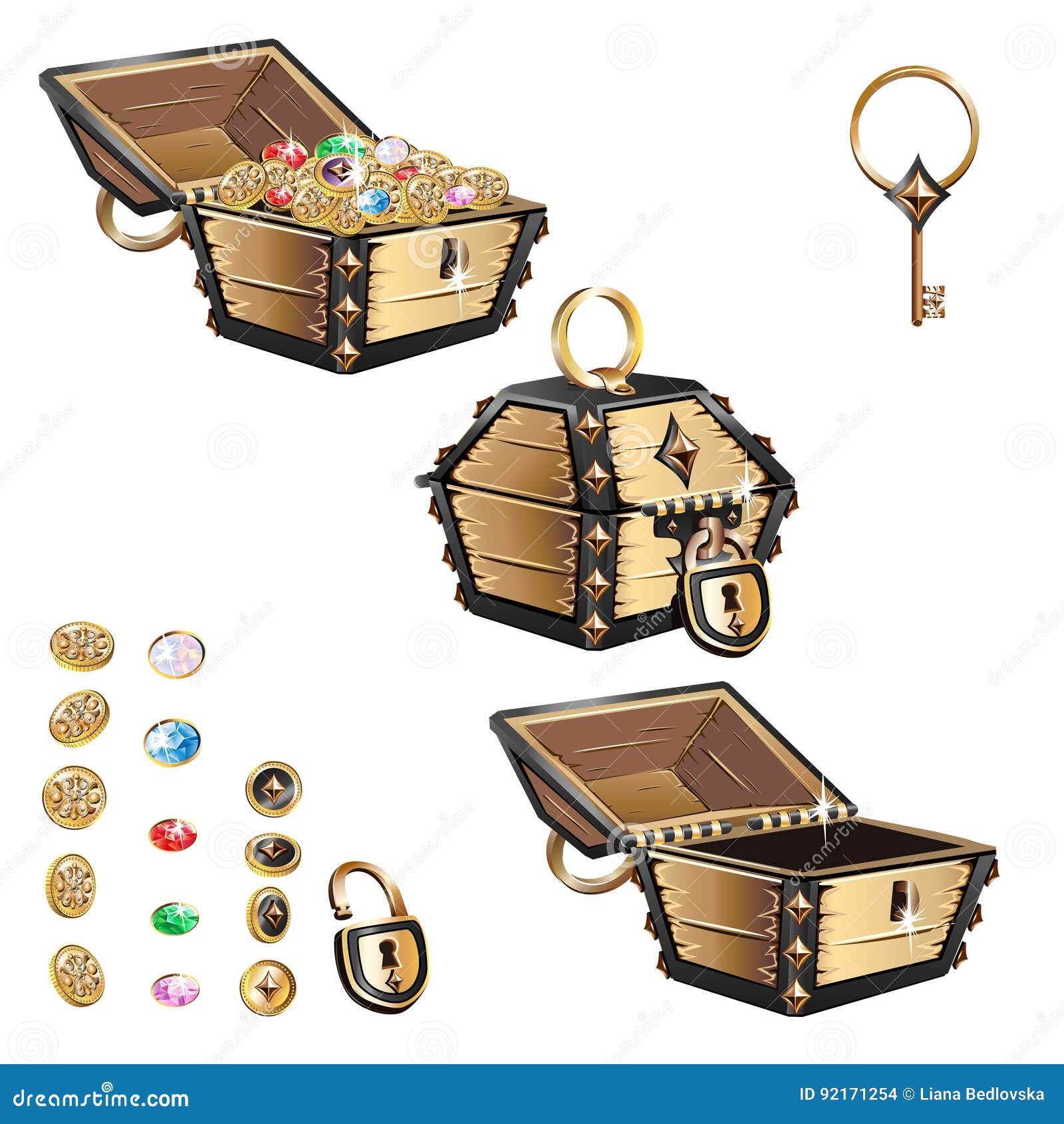 Treasure chest set stock vector. Illustration of gold - 92171254