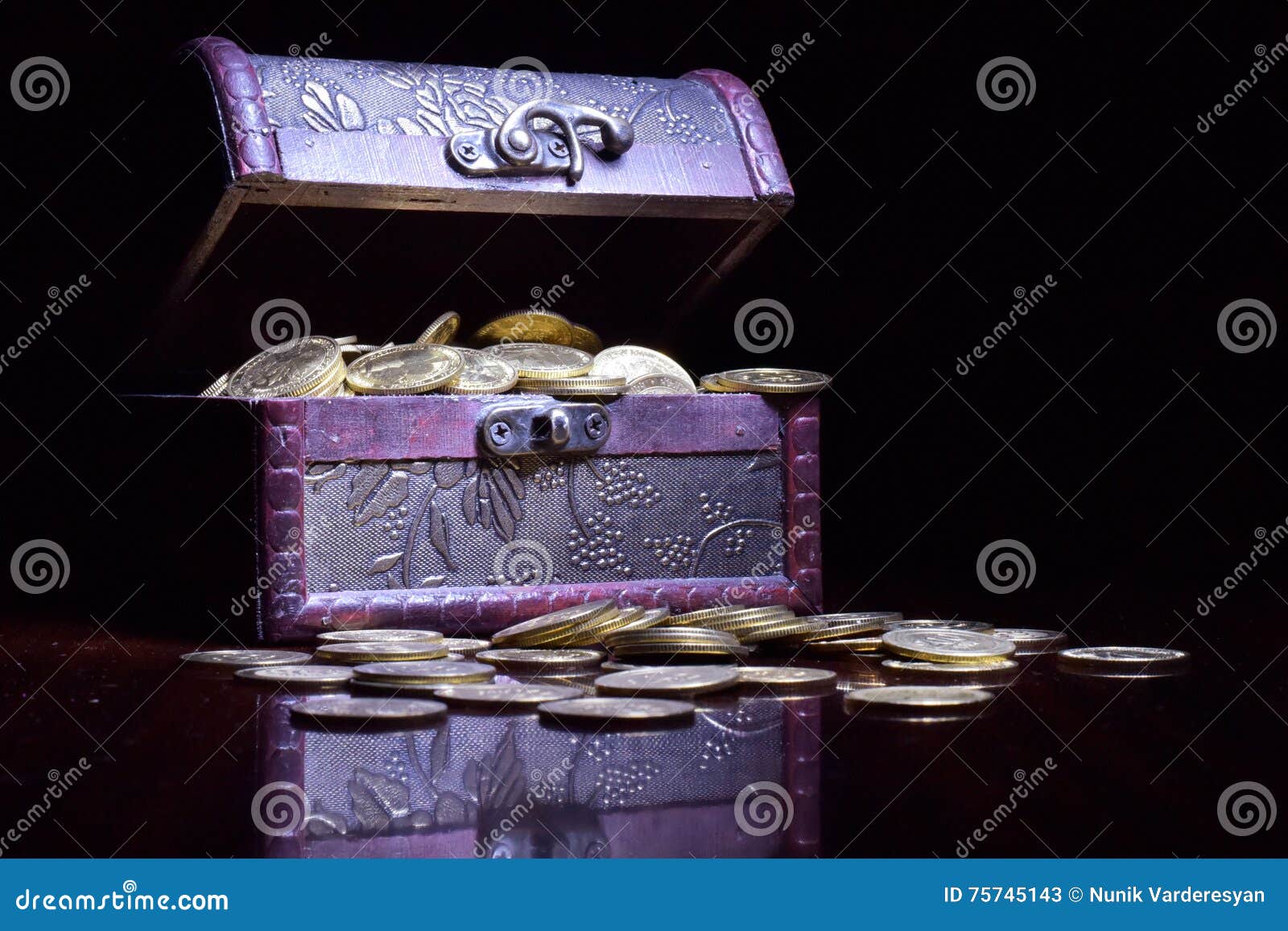 Coin In Treasure Chest With Compass And Magnifying Glass Stock Photo ...