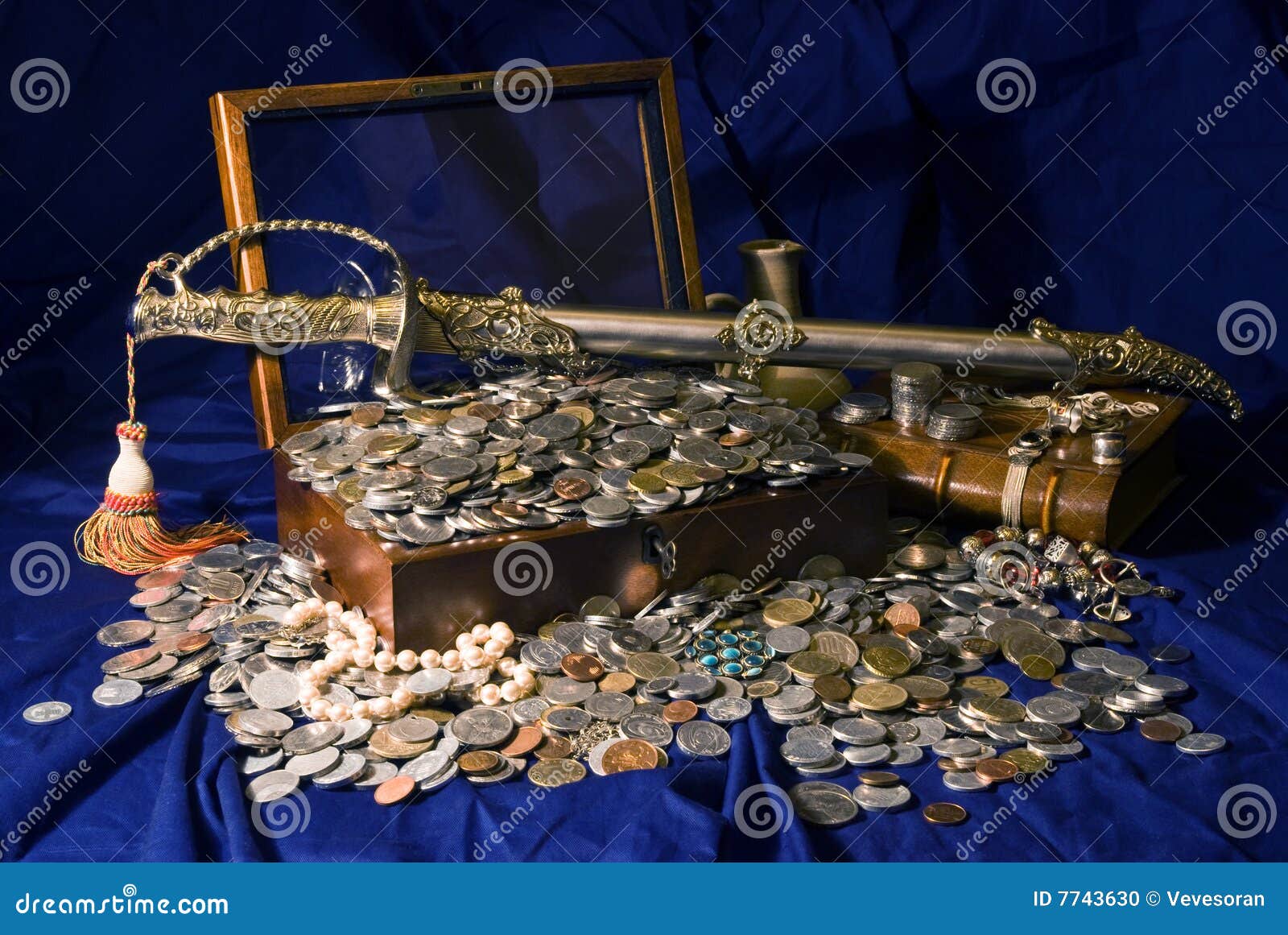 Treasure coins and sword stock photo. Image of coins, coin - 7743630