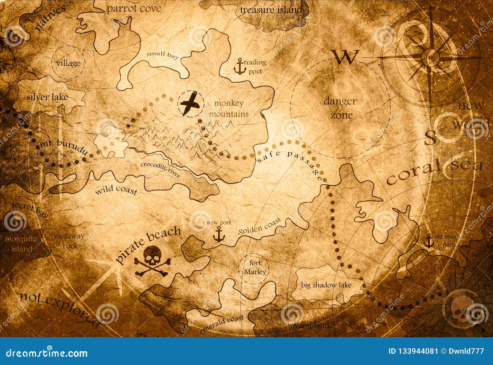 Treasure Map, Pirate Adventures, Treasure Island Vector Illustration On ... Treasure Map, Pirate Adventures, Treasure Island Vector Illustration On ...