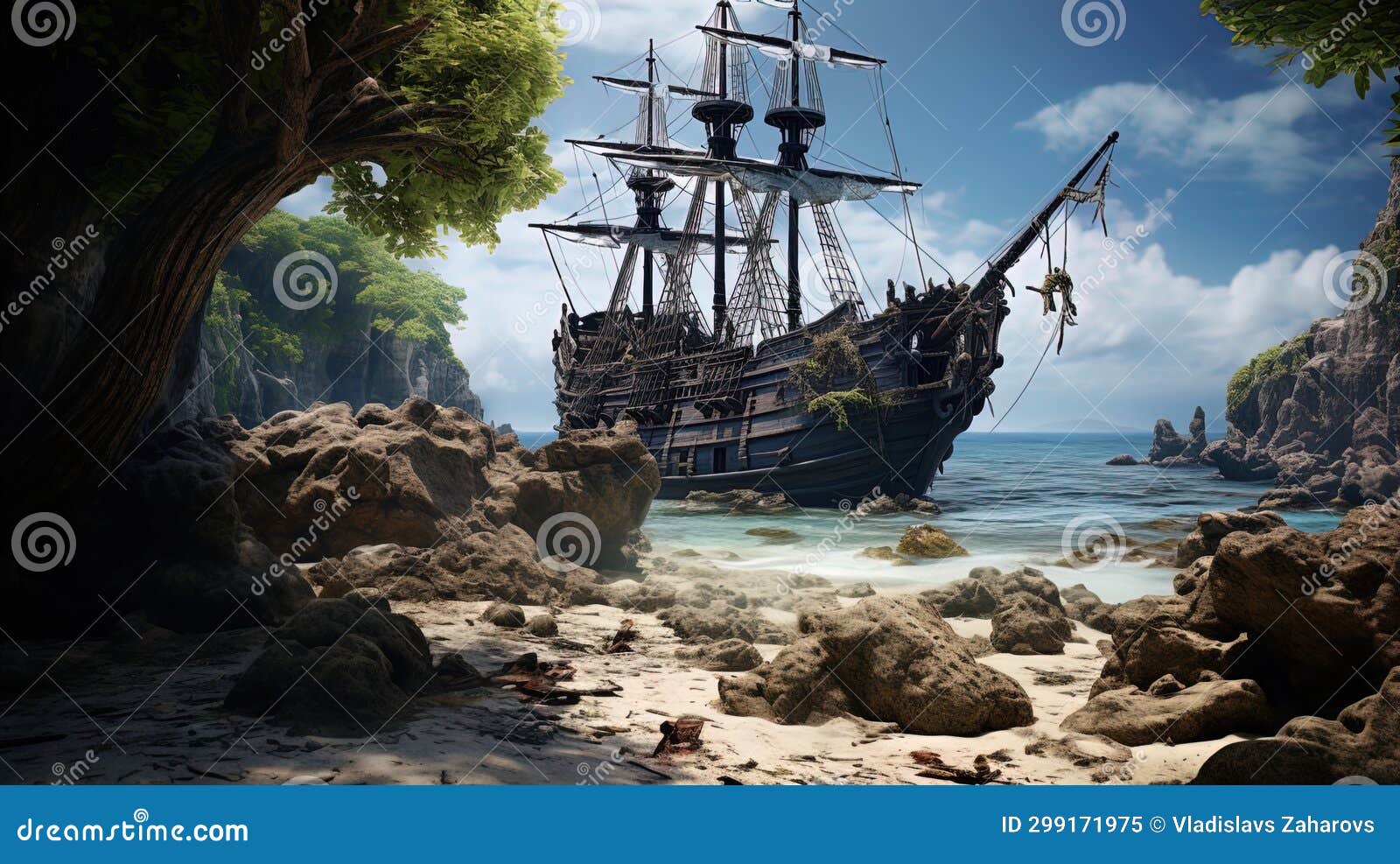 Abandoned Pirate Ship In Waterfall Cave Royalty-Free Cartoon ...