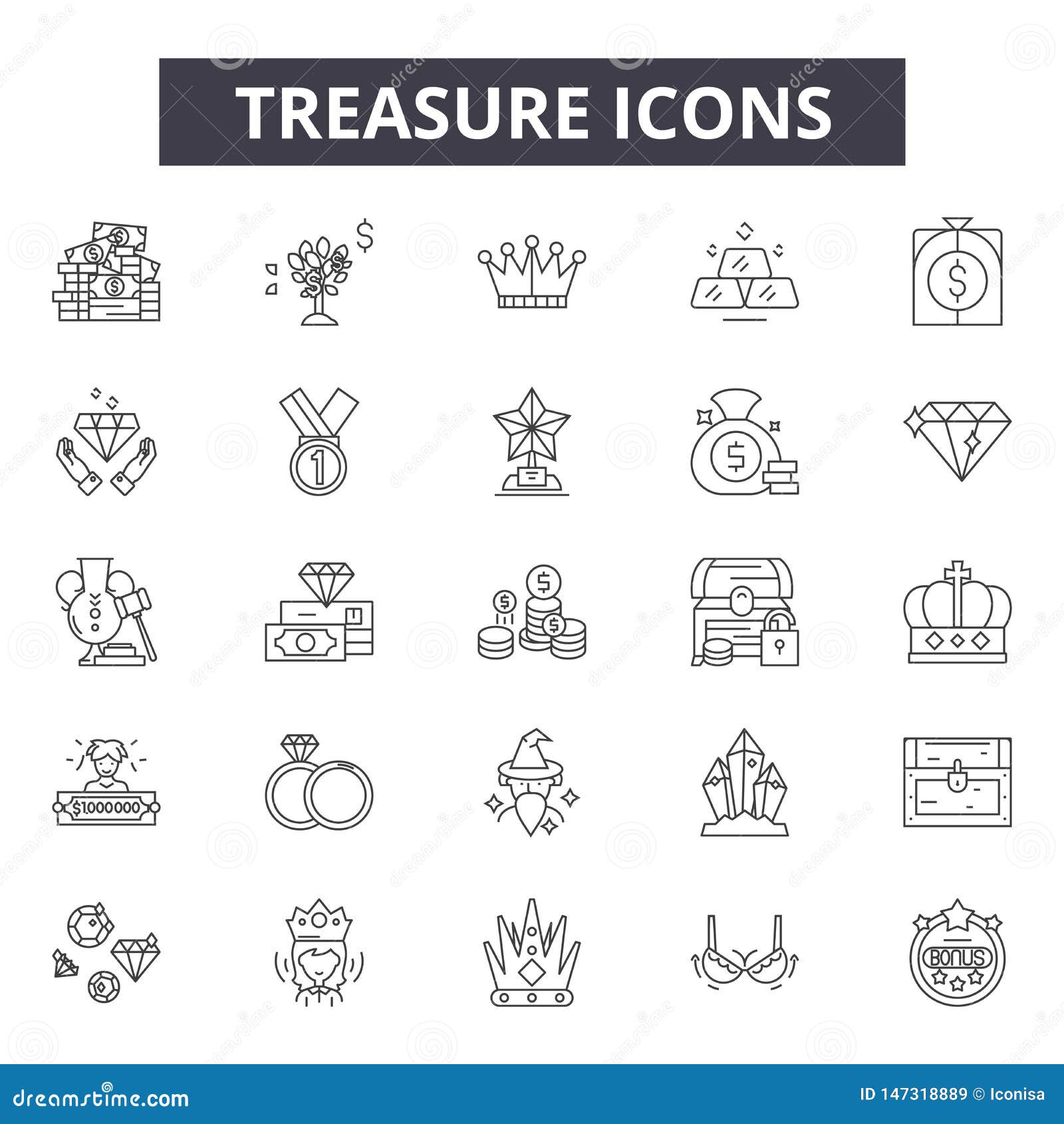 Treasure Line Vector Icons And Signs. Hoard, Wealth, Cache, Valuables ...