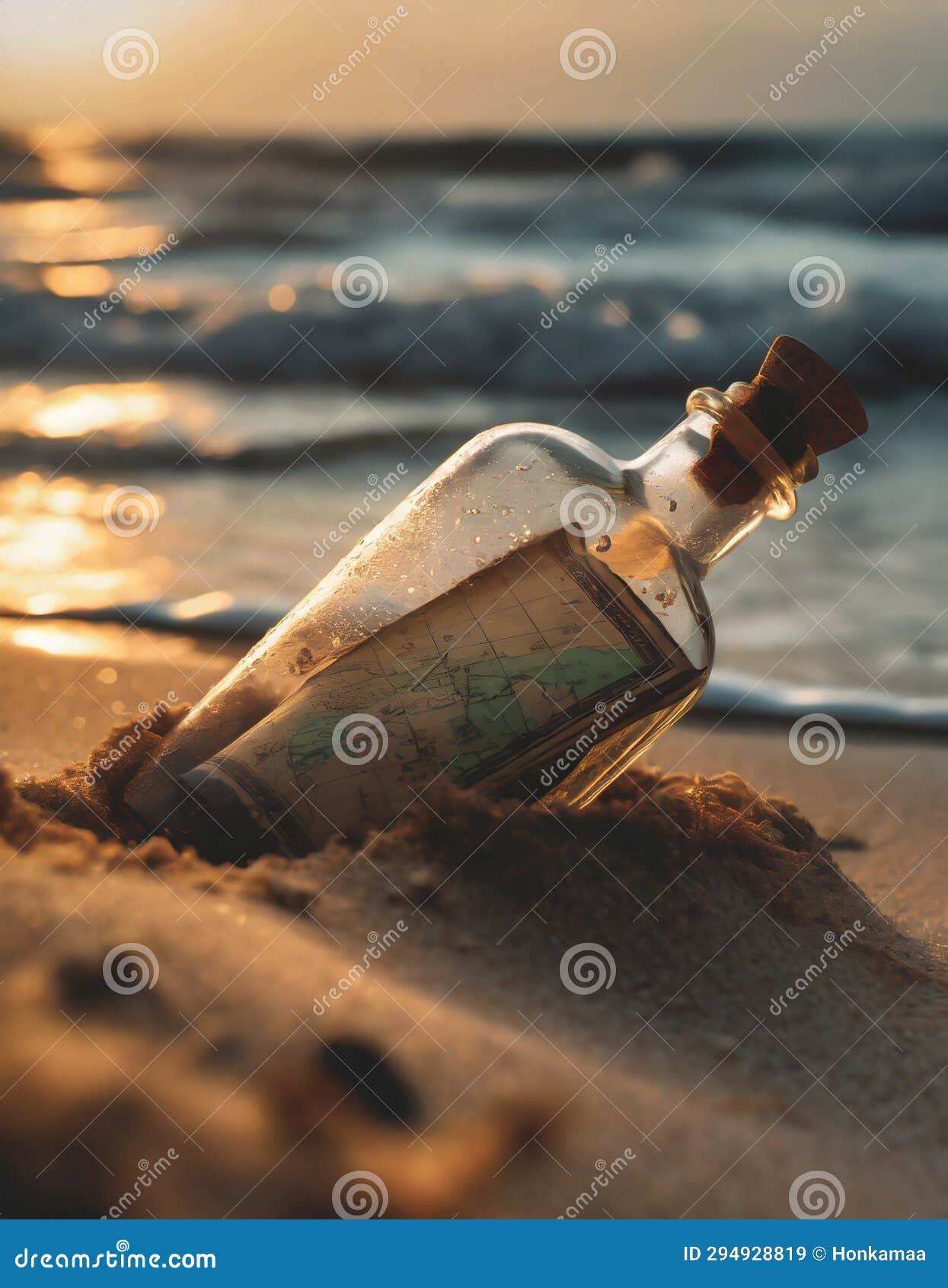 A Treasure Map in a Bottle, Buried at the Shore Stock Illustration ...