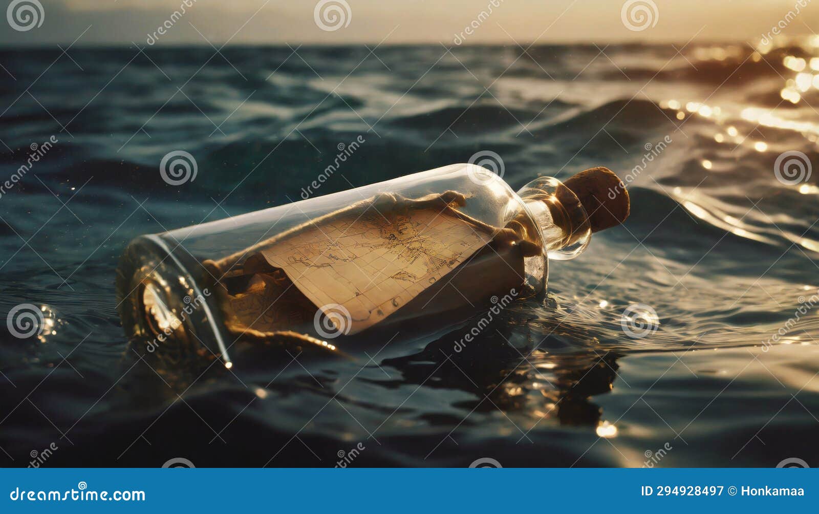 A Treasure Map in a Bottle, Floating at Sea Stock Illustration ...