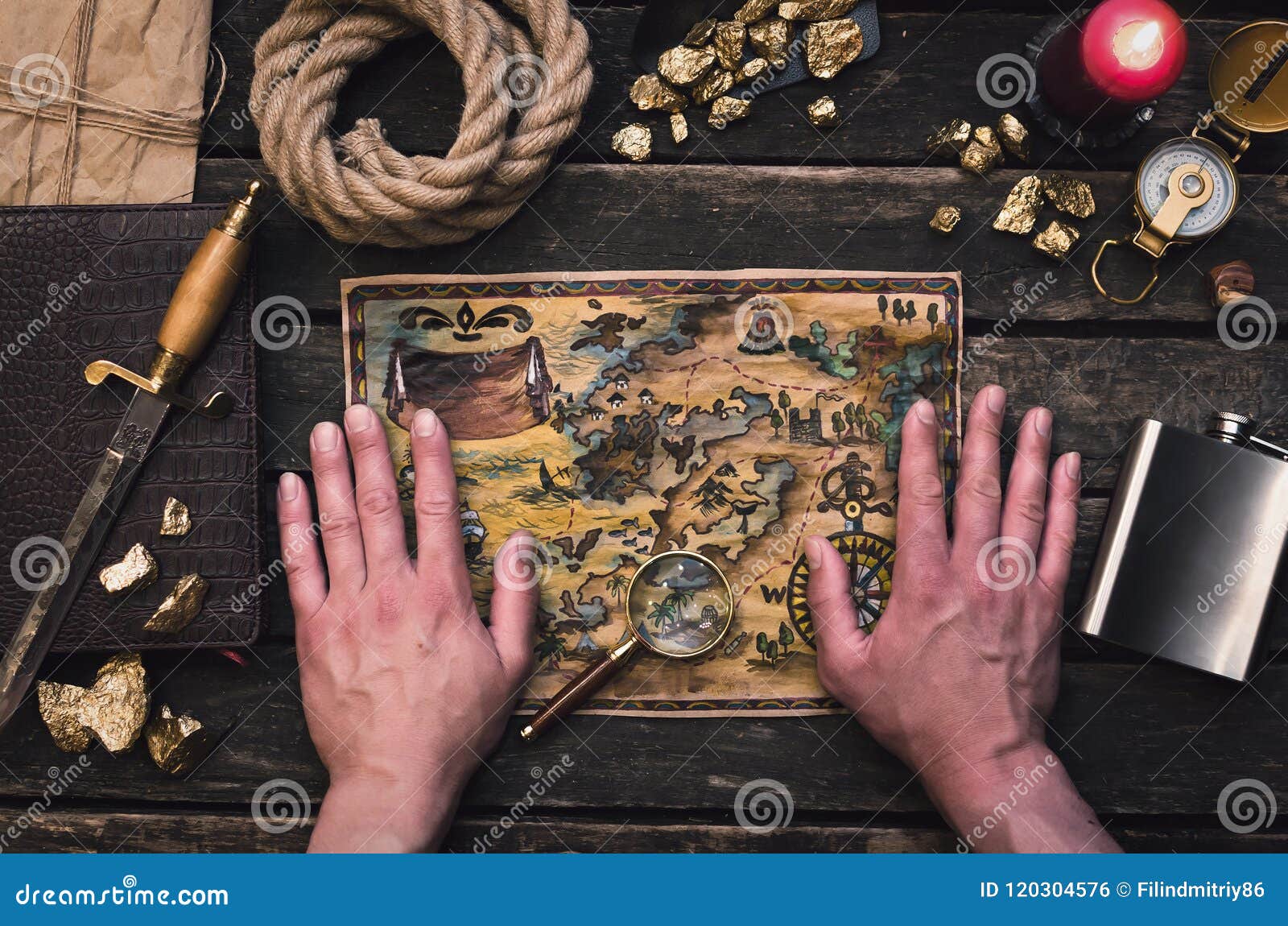 Treasure Map in Adventurer Treasure Hunter Hands. Stock Photo - Image ...