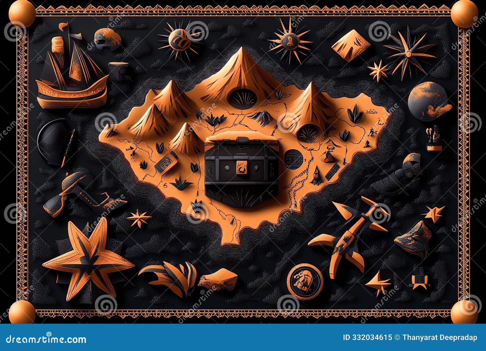 A Treasure Map with an Island, Chest, and Surrounding Objects. a Dark ...