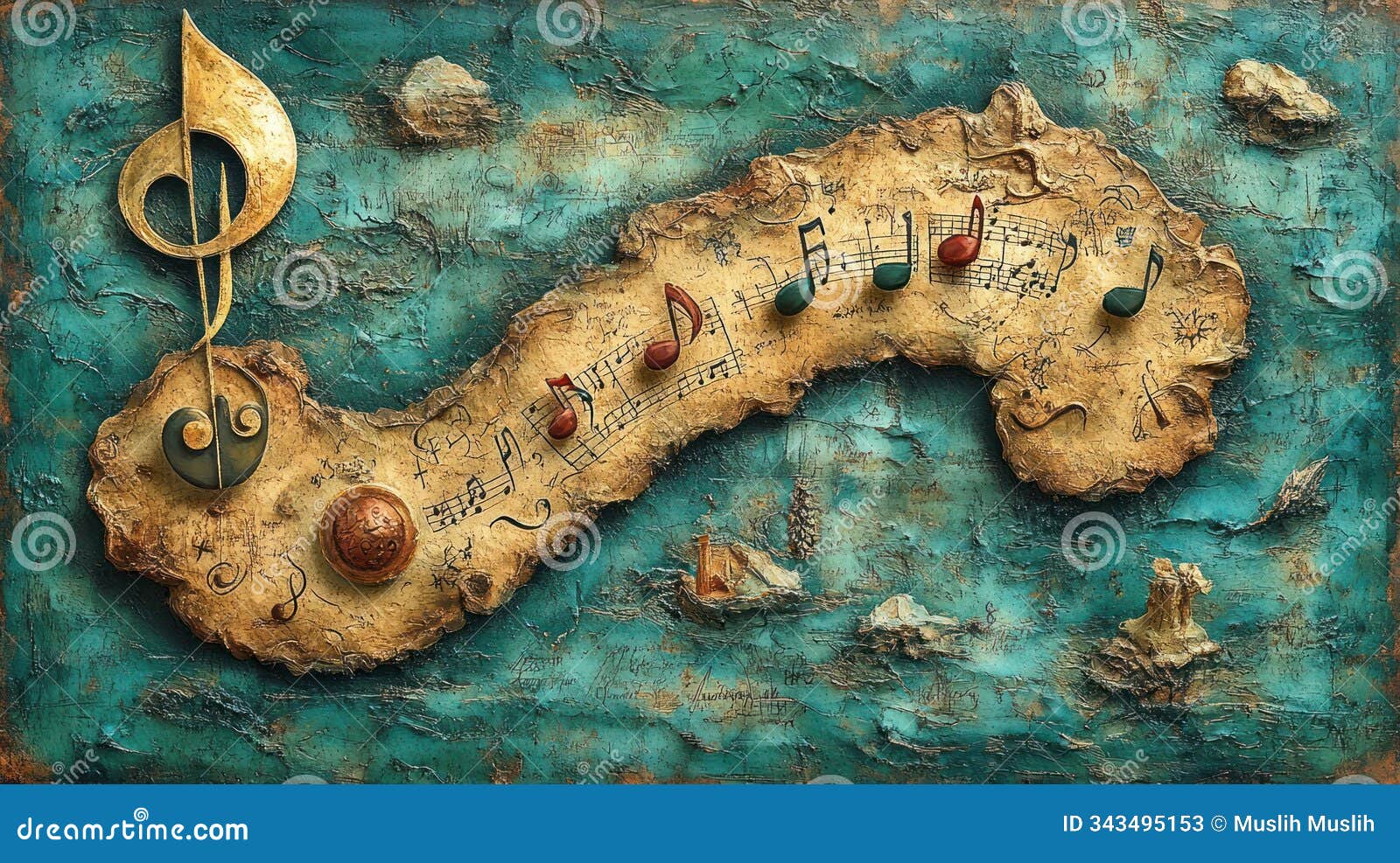 A Treasure Map with Musical Notes and a Treble Clef on a Blue Water ...