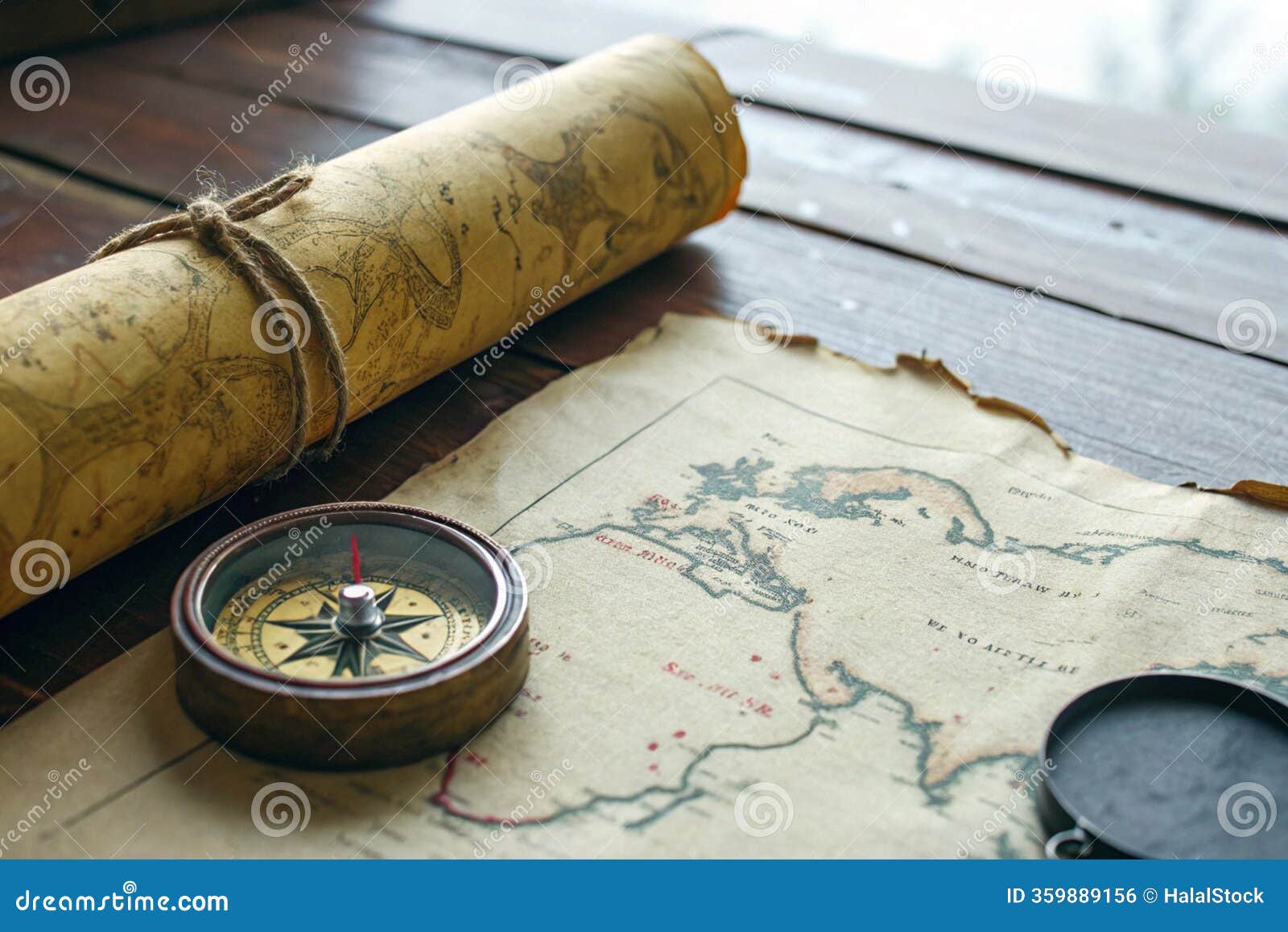 Treasure Map Roll and Old Compass â€ Adventure Discovery Concept Stock ...
