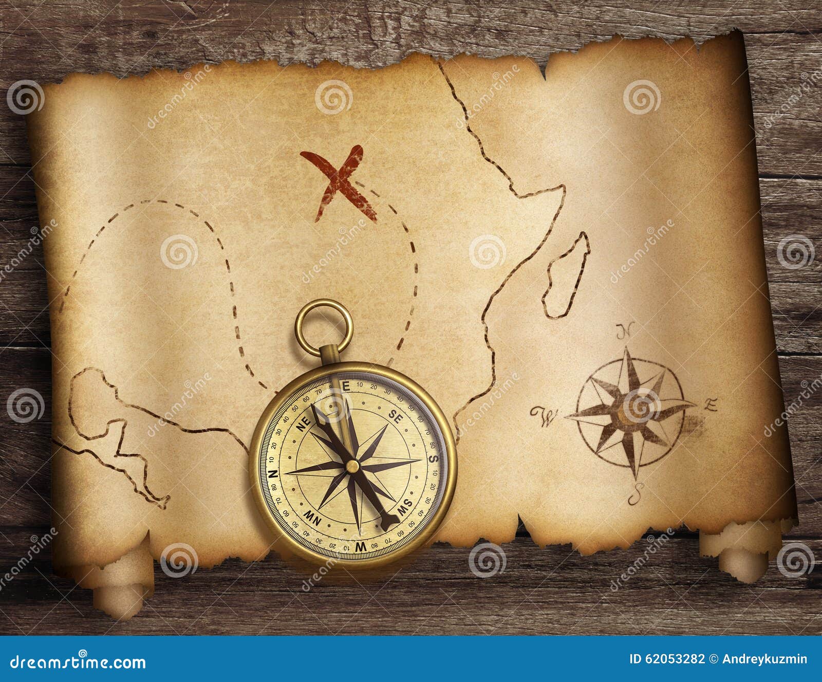 Treasure Map Roll with Old Compass on Table Top Stock Illustration ...