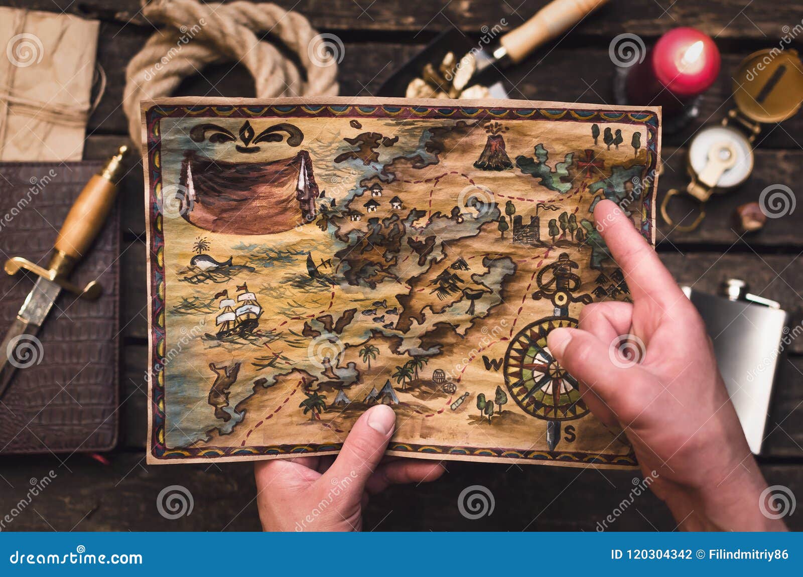 Treasure Map in Treasure Hunter Hands. Stock Photo - Image of concept ...