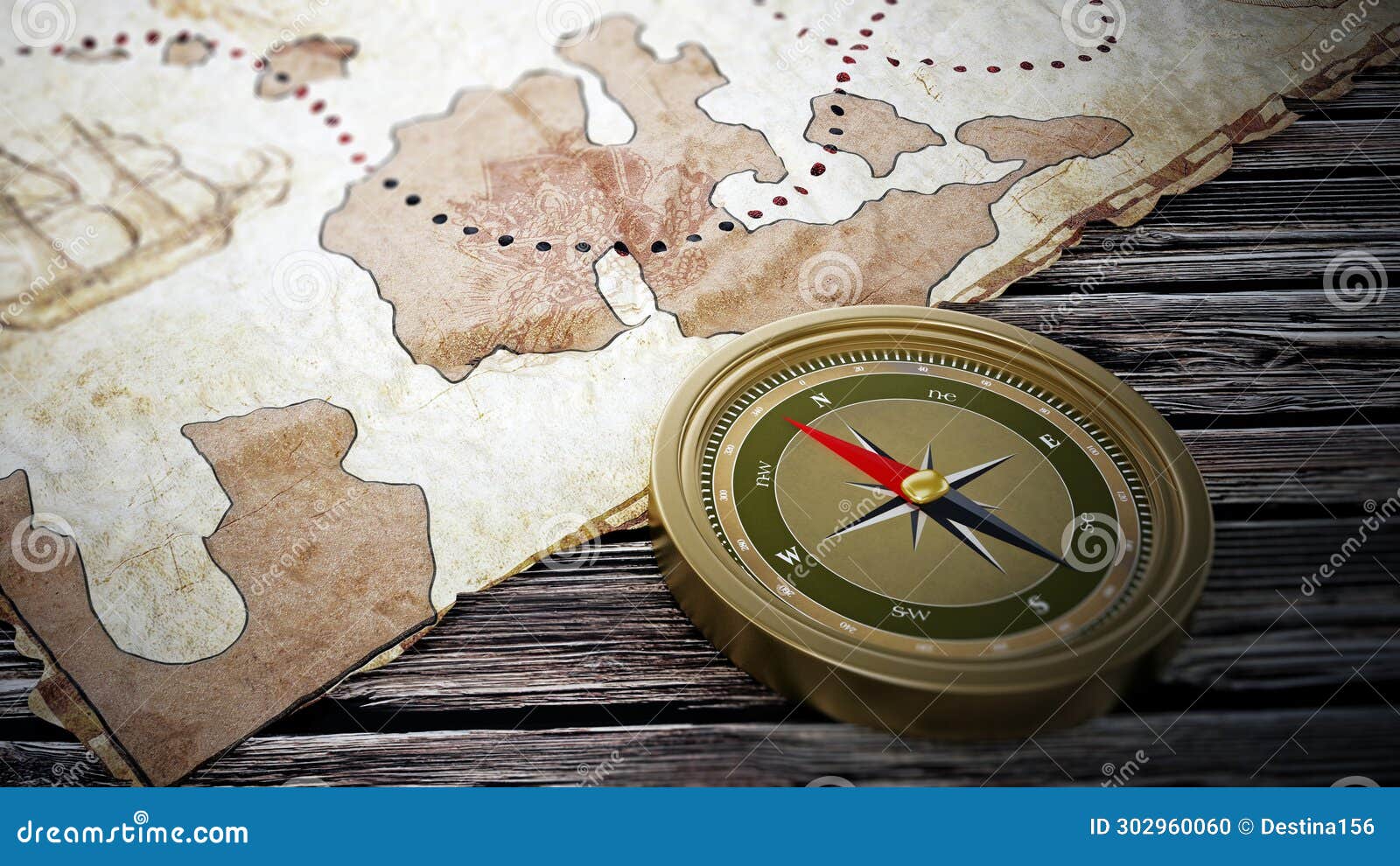 Treasure Map and Vintage Compass Standing on Old Wood Table. 3D ...