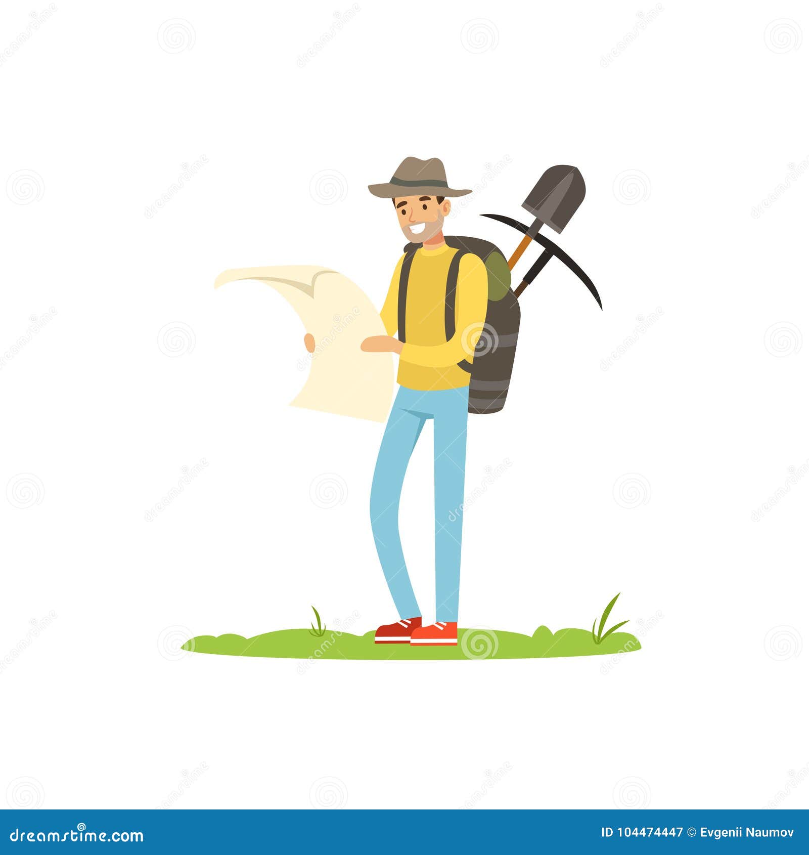 Treasure Seeker With Map And Tools For Digging, Looking For Treasure ...