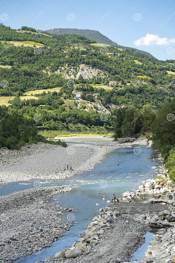 Trebbia River from the Bridge of Bobbio Stock Image - Image of tree ...