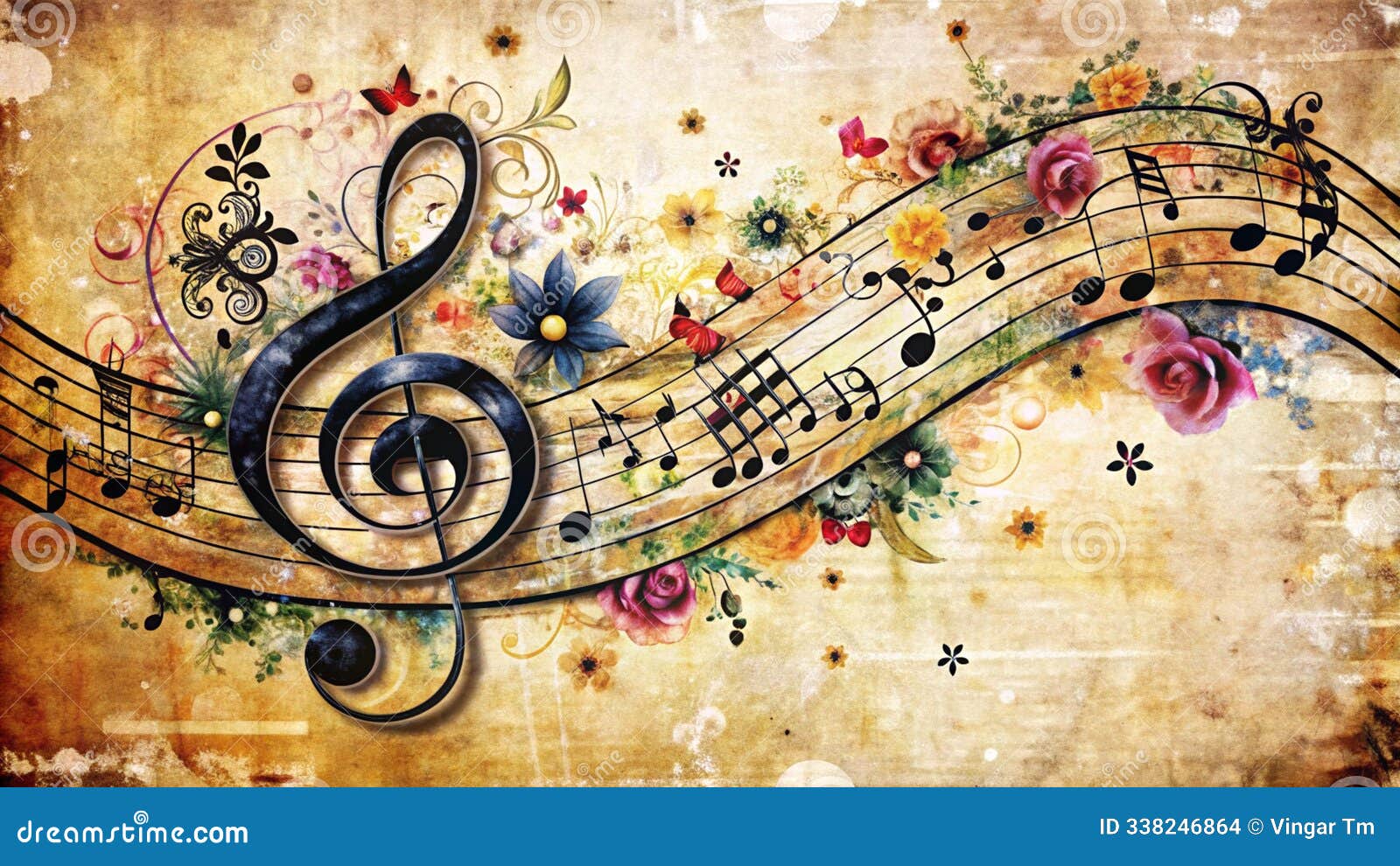A Treble Clef with Floral and Musical Notes on a Vintage Background ...