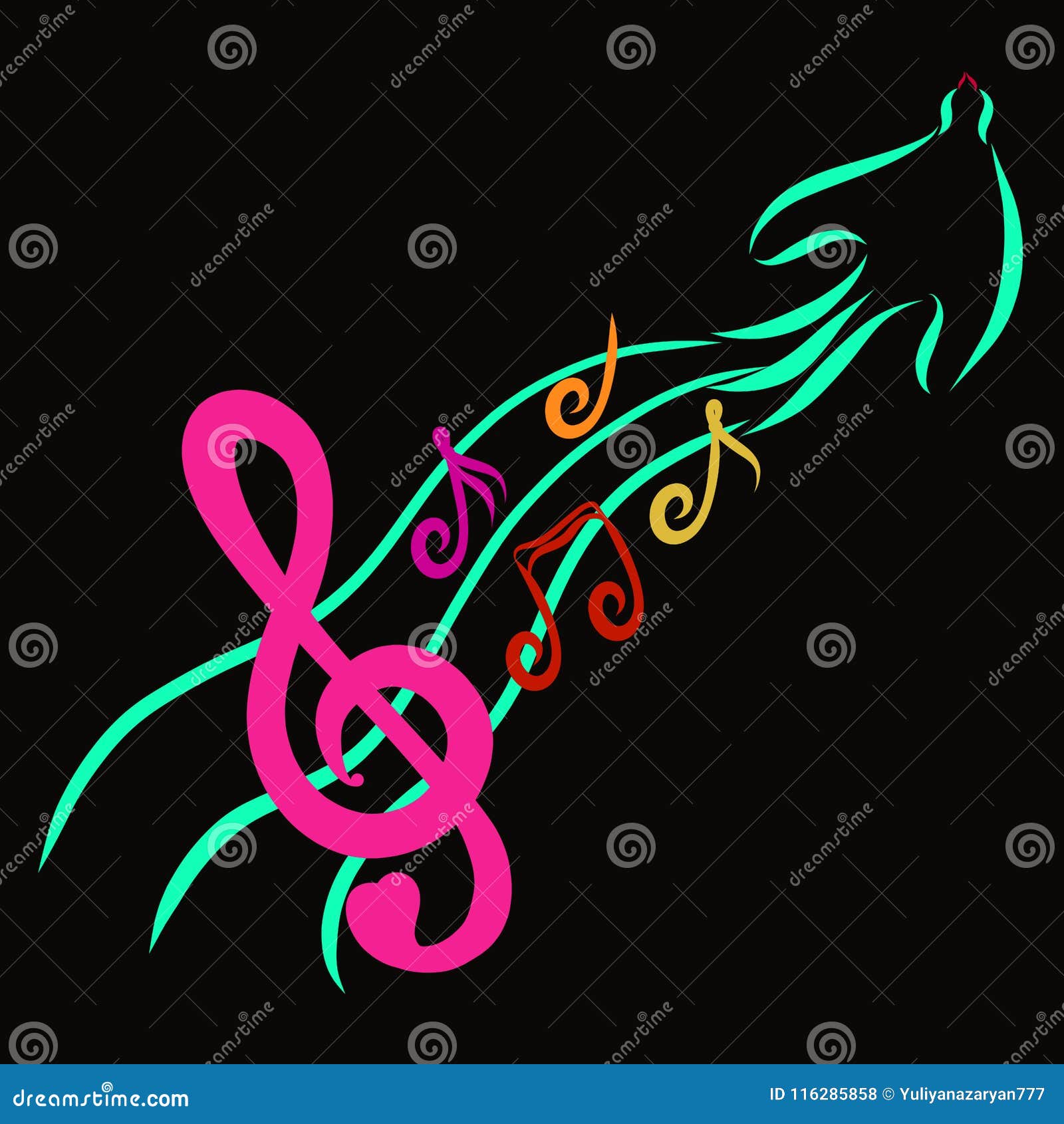 A Treble Clef with a Heart and Notes on the Tail of a Bird Stock ...