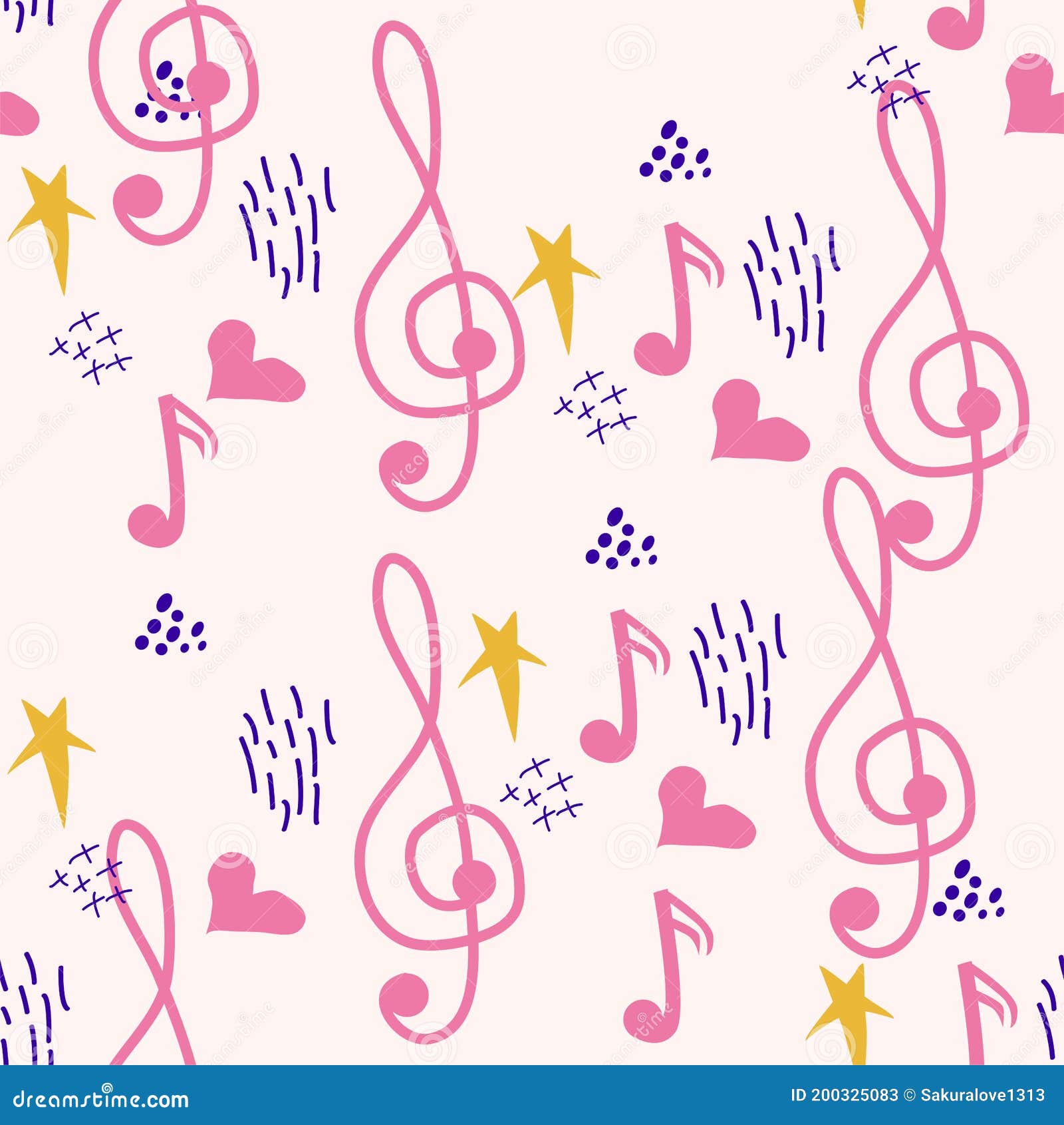 Treble Clef, Notes, Heart, Stars, Abstract Elements Seamless Pattern in ...