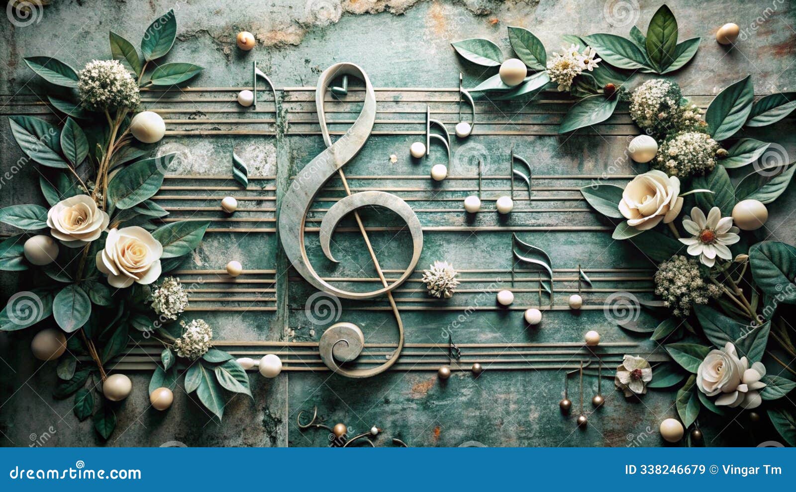 A Treble Clef Surrounded by Flowers and Musical Notes on a Rustic ...