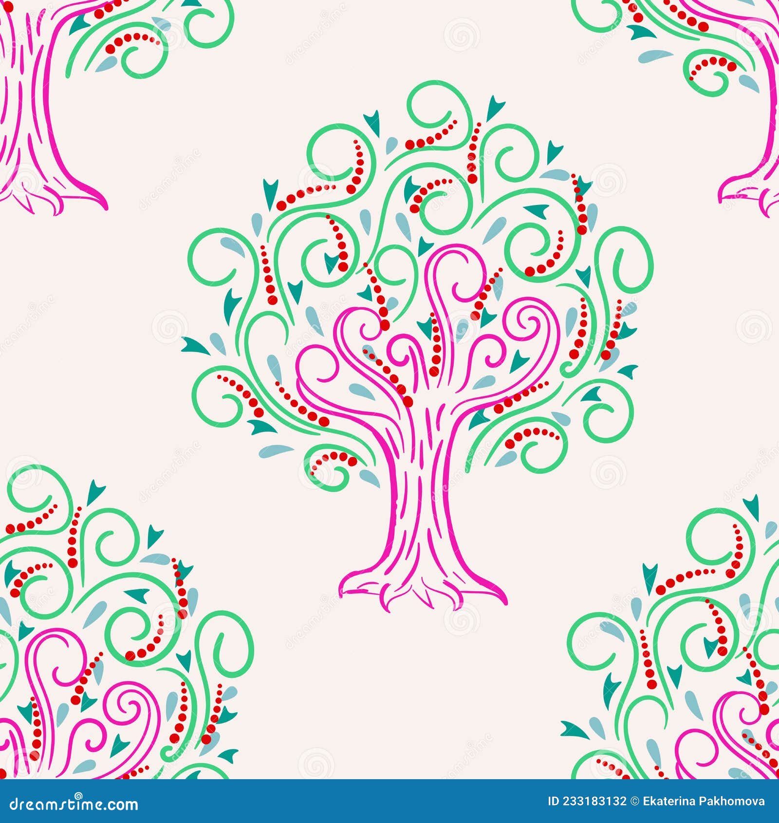 Abstract Seamless Pattern with Cartoon Curly Apple Tree, Forest or ...