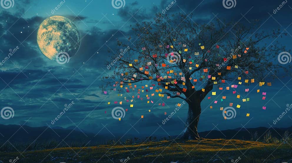 A Tree Adorned with Colorful Notes Under a Full Moon Stock Illustration ...