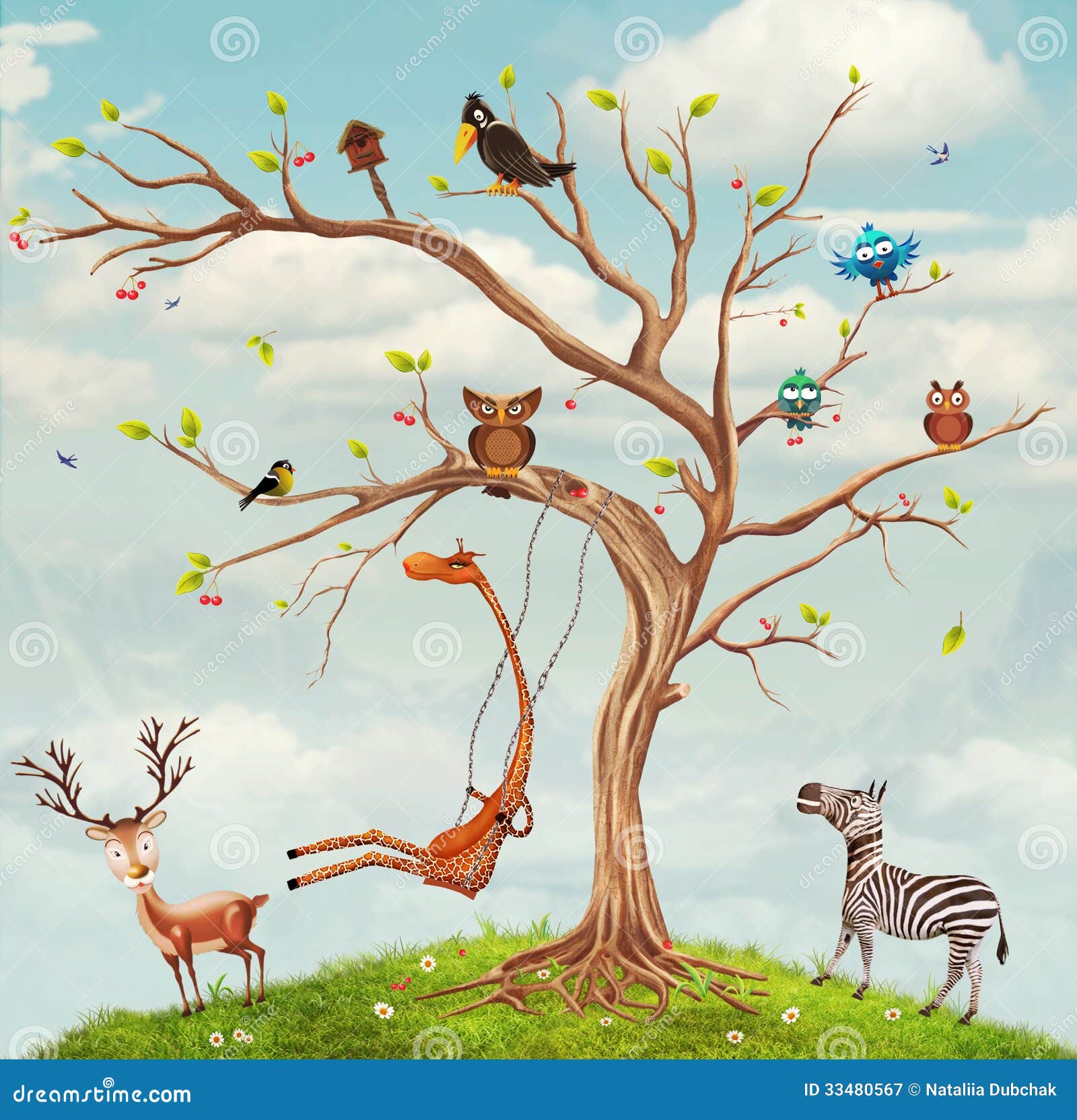 Tree with animals stock illustration. Illustration of owls - 33480567