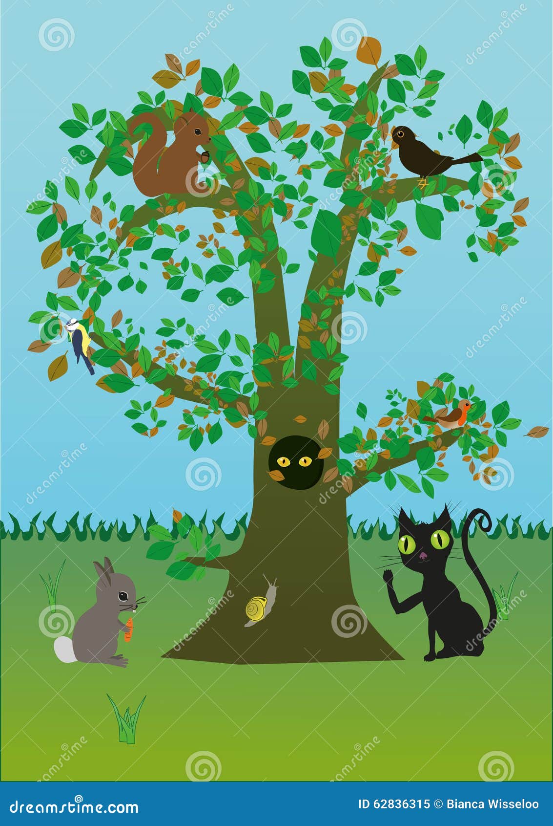 Tree with animals stock vector. Illustration of blackbird - 62836315