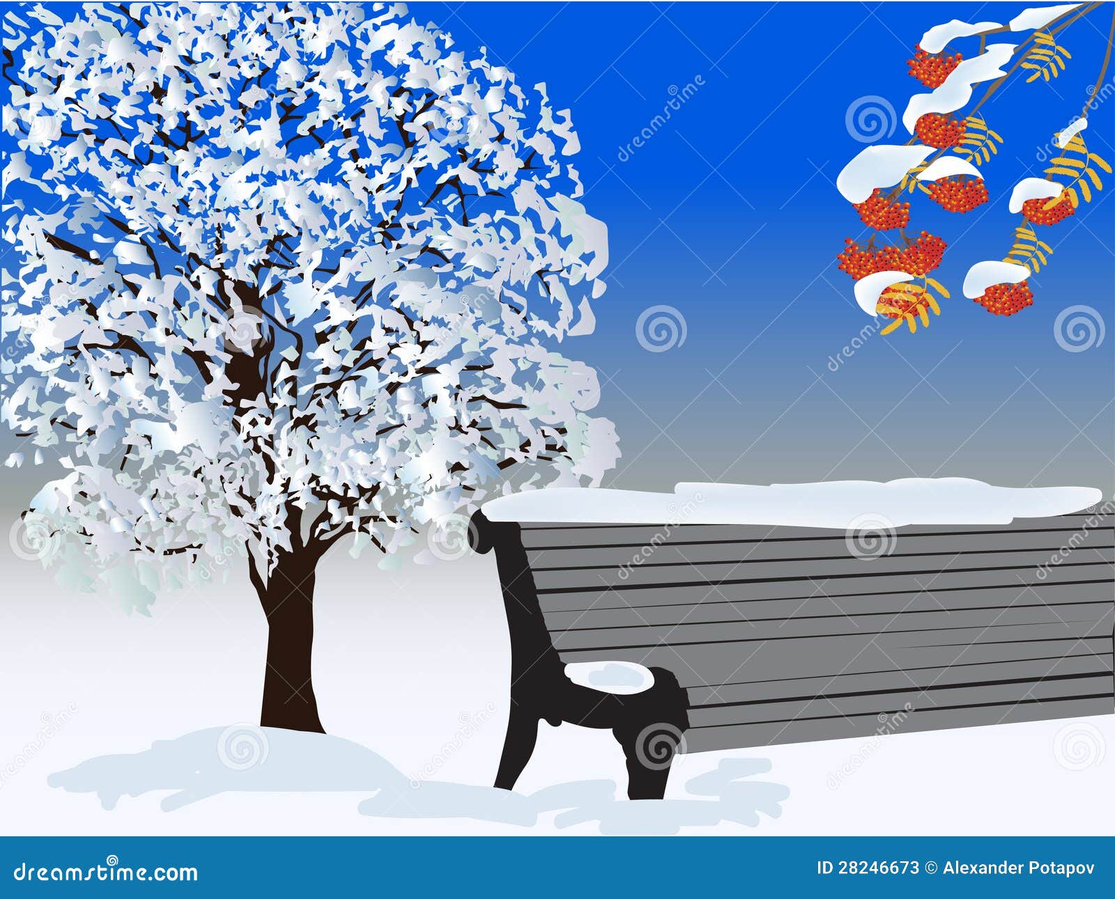Tree and Bench Under White Snow Stock Vector - Illustration of classic ...