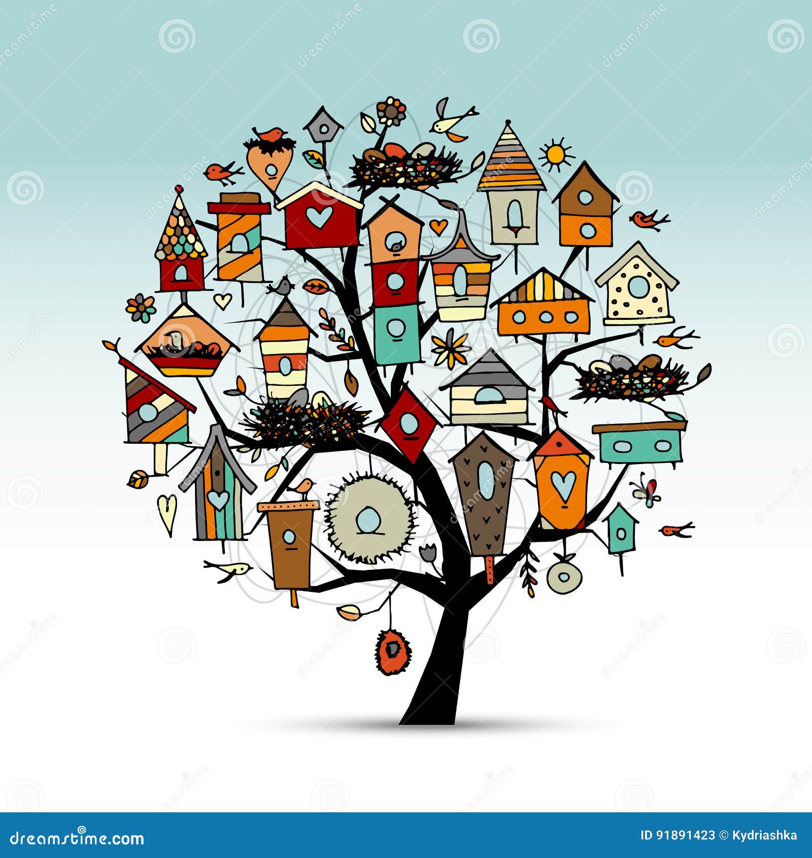 Tree with Birdhouses, Sketch for Your Design Stock Vector ...