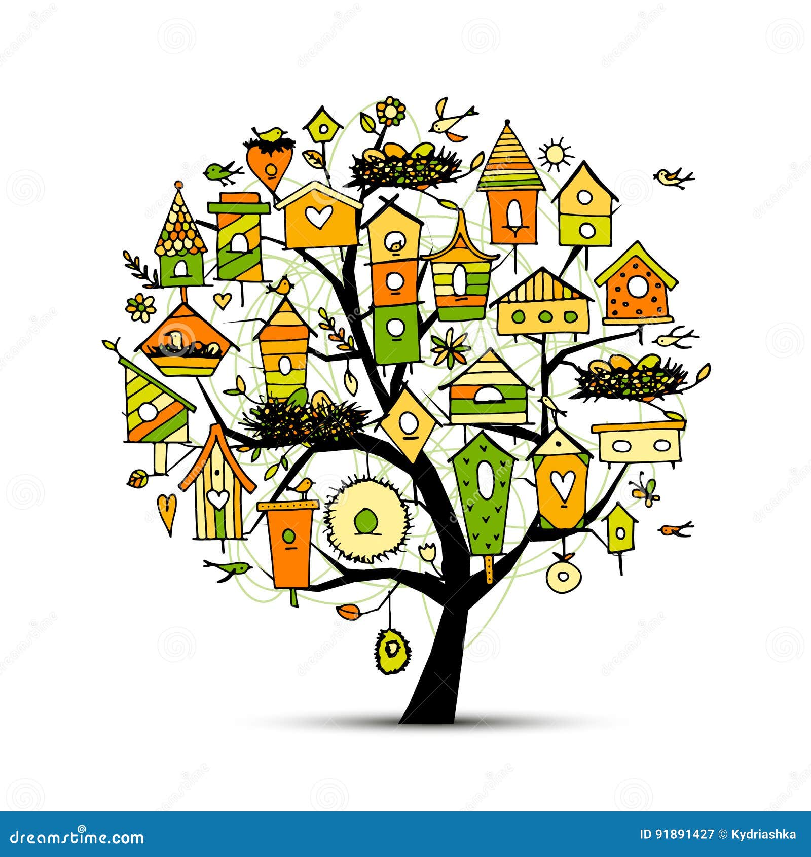Tree with Birdhouses, Sketch for Your Design Stock Vector ...