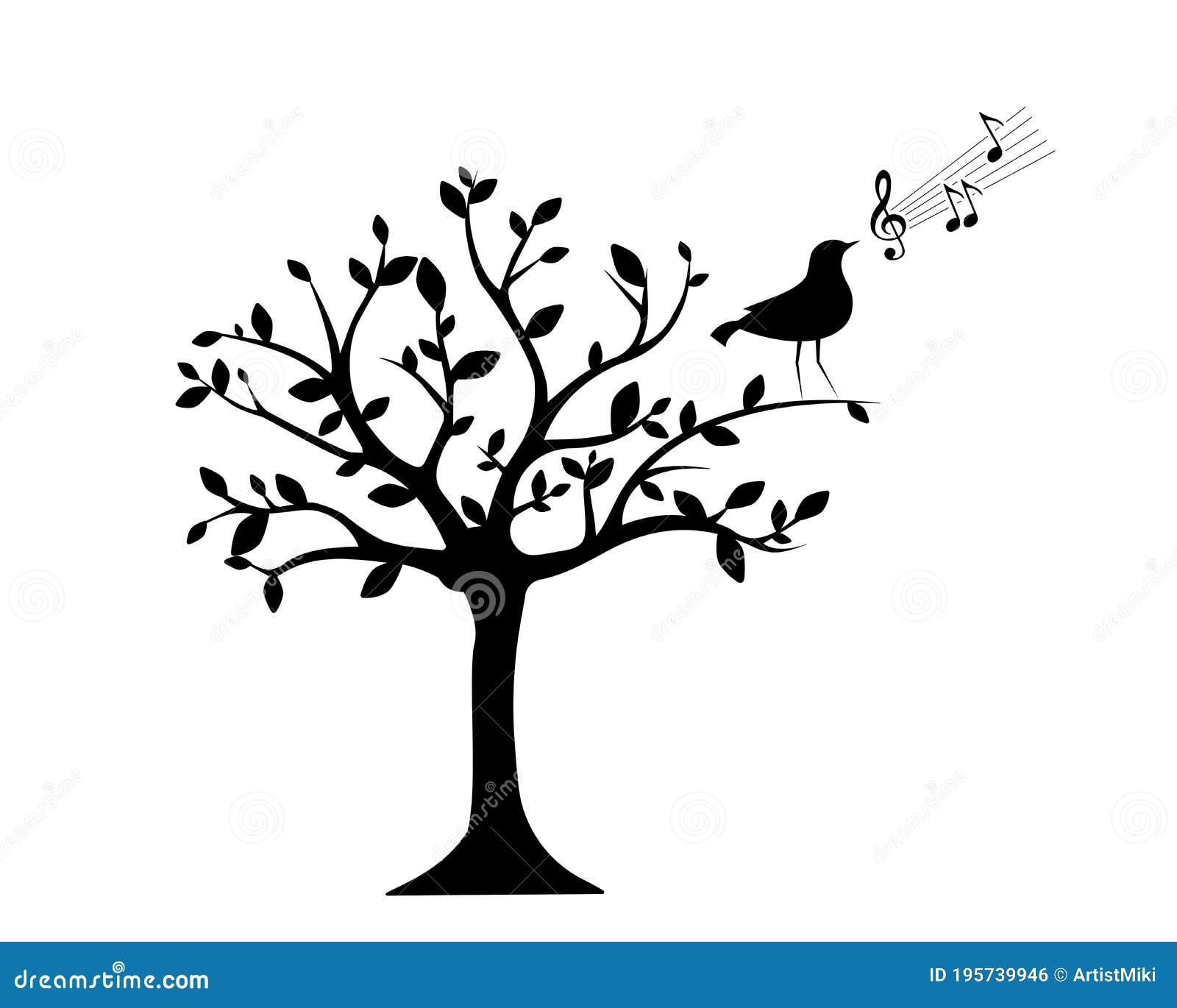 Tree Silhouette And Singing Bird, Vector. Bird On Tree, Illustration ...