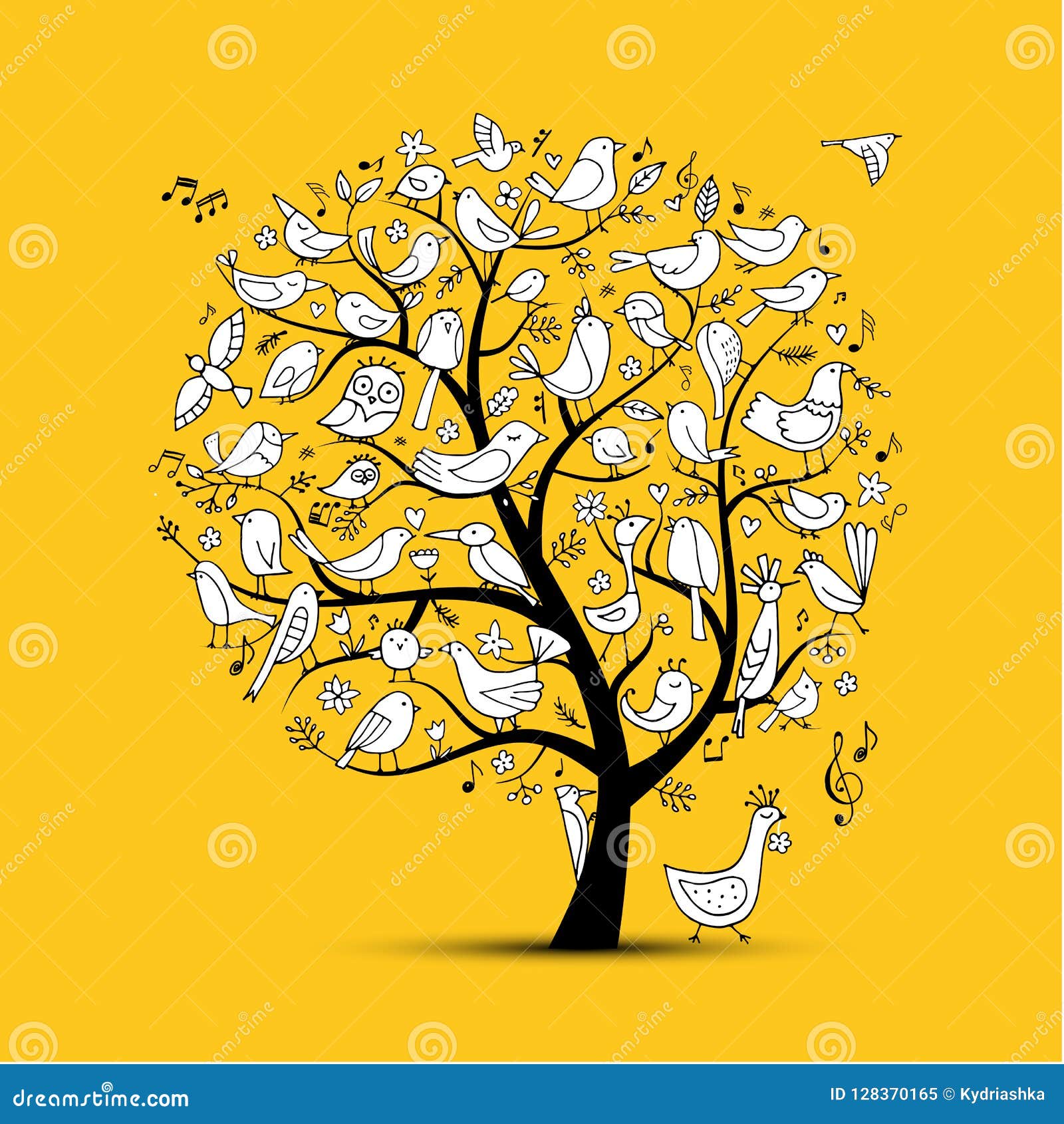 Tree with Birds, Sketch for Your Design Stock Vector - Illustration of ...