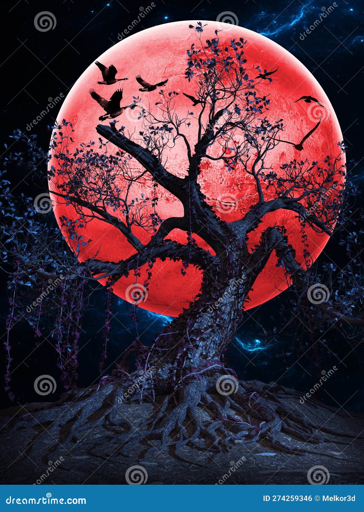 Tree and blood moon stock illustration. Illustration of artwork - 274259346