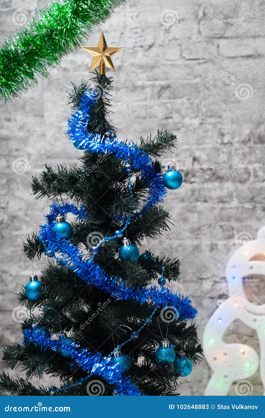 Tree with Blue Balls Tinsel. Stock Image - Image of ball, green: 102648883