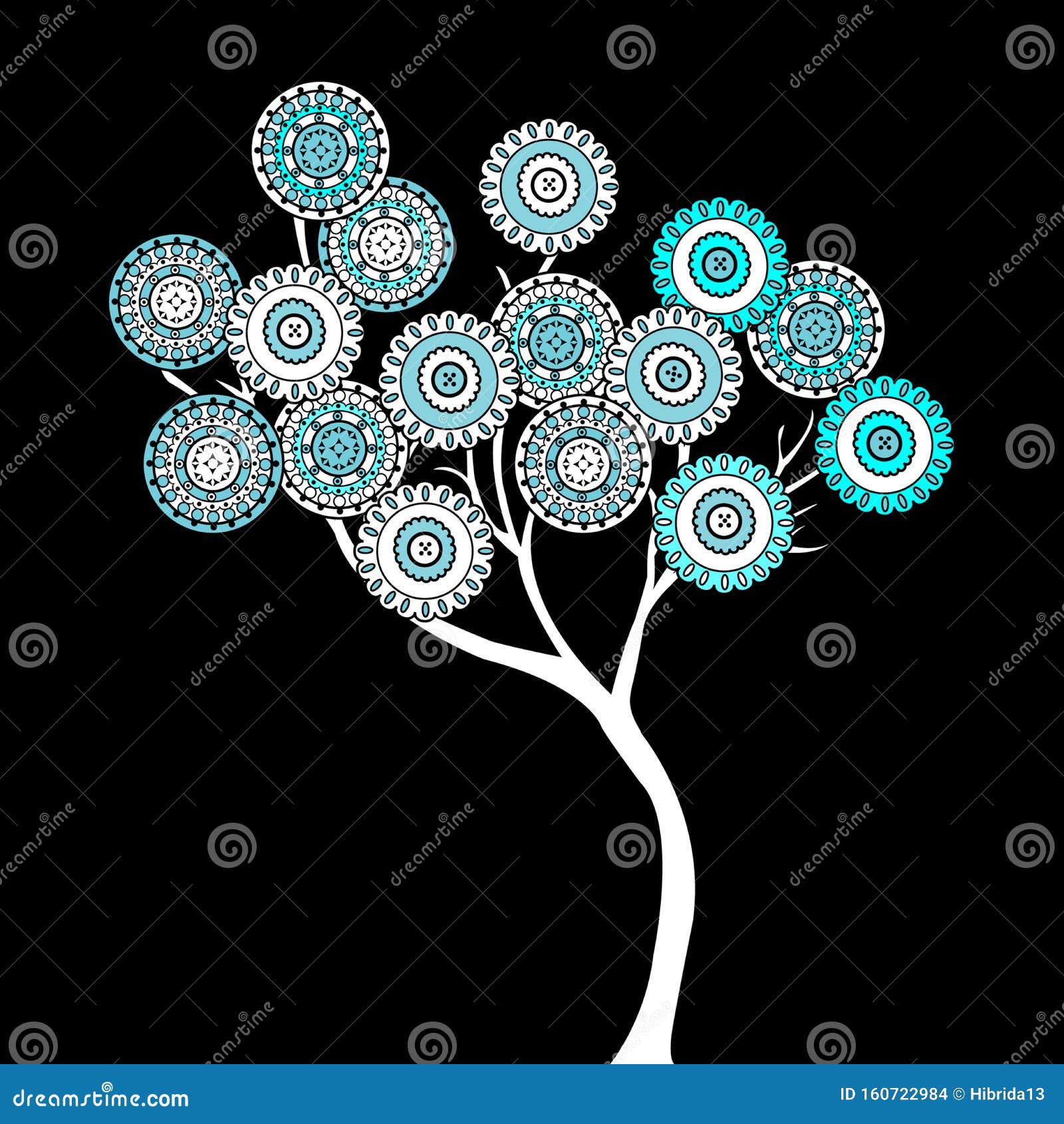 Tree with Blue Ethnic Motifs Flowers Stock Vector - Illustration of ...