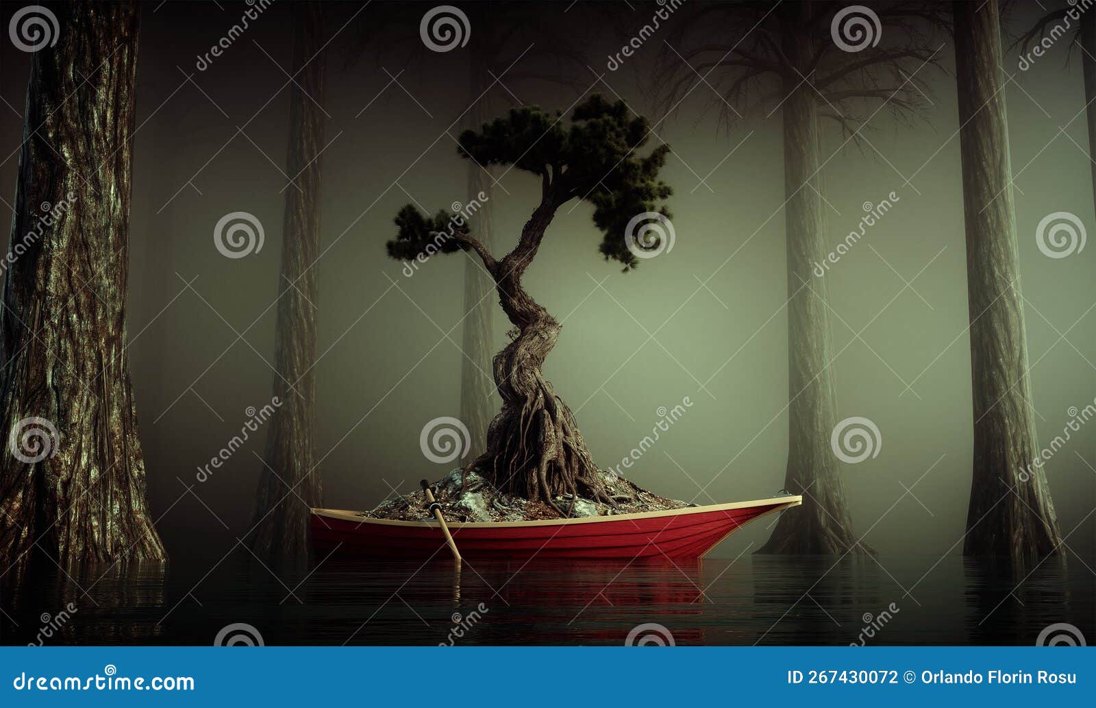 Tree on a Boat. Lake Covered with Fog Stock Illustration - Illustration ...
