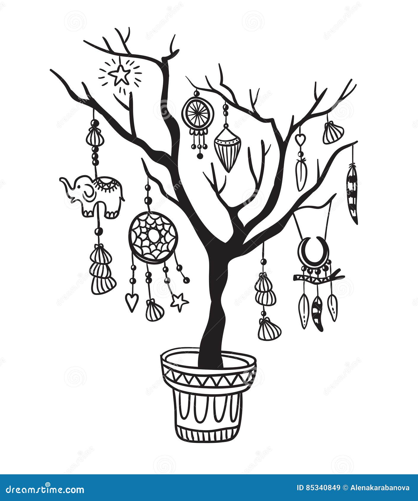 Tree with Boho Decoration. Isolated on the White Background. Vector ...