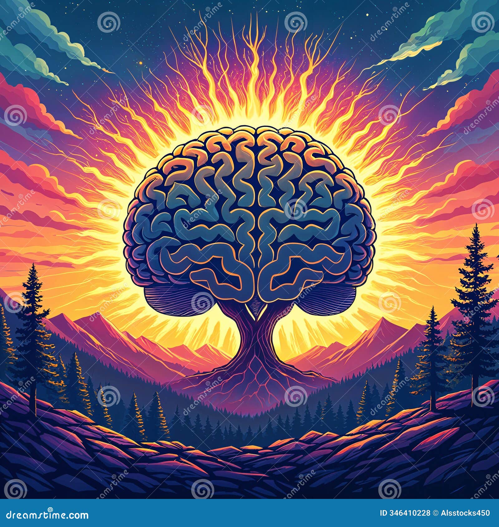 A Tree with a Brain-like Structure, Surrounded by Mountains and Trees ...