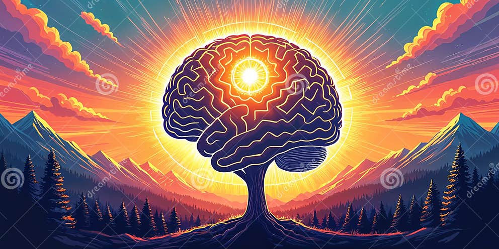 A Tree with a Brain, Surrounded by Mountains and Sunset Stock ...