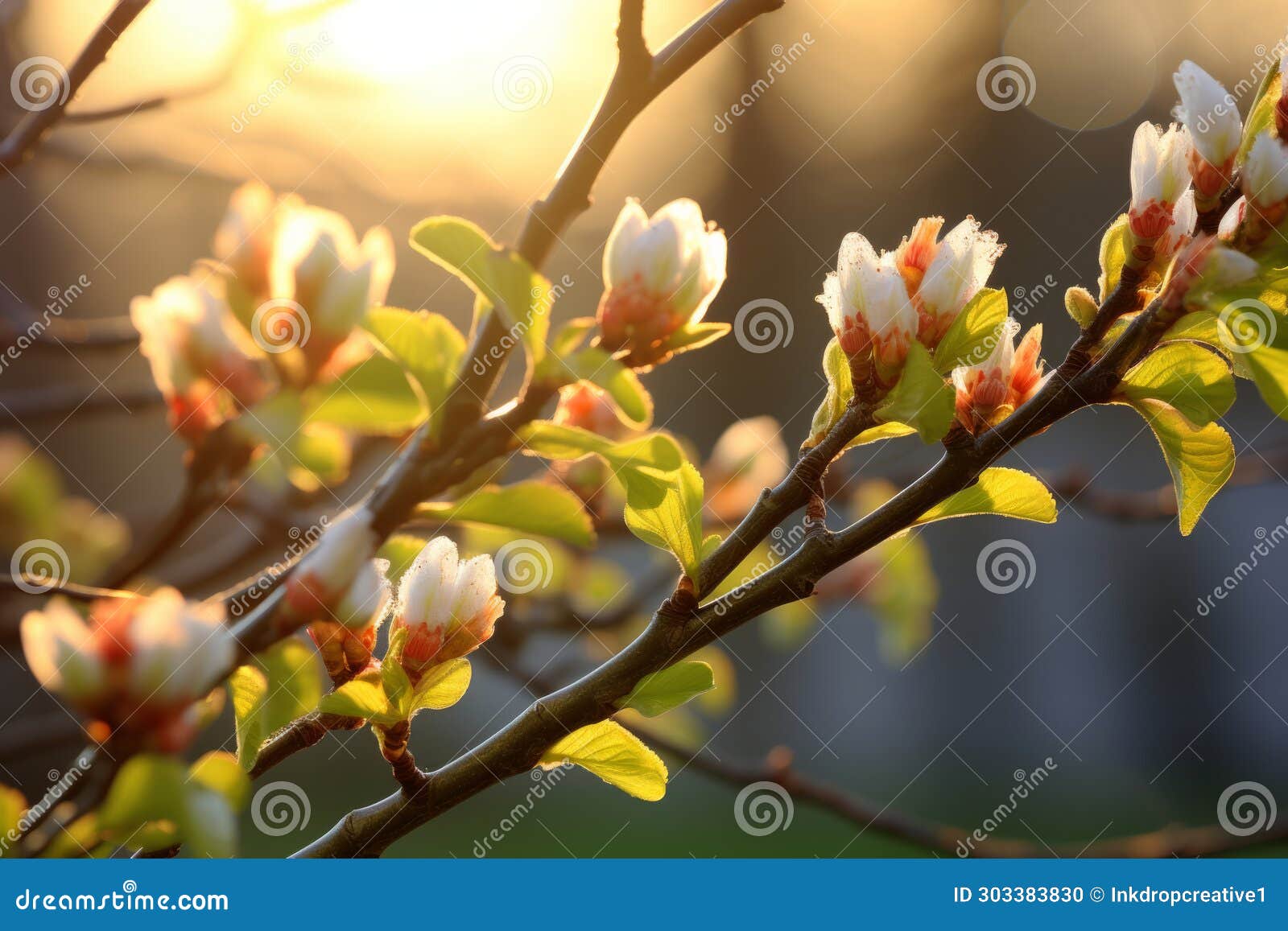 A Tree Branch in Early Spring with Bursting Buds in the Early Morning ...