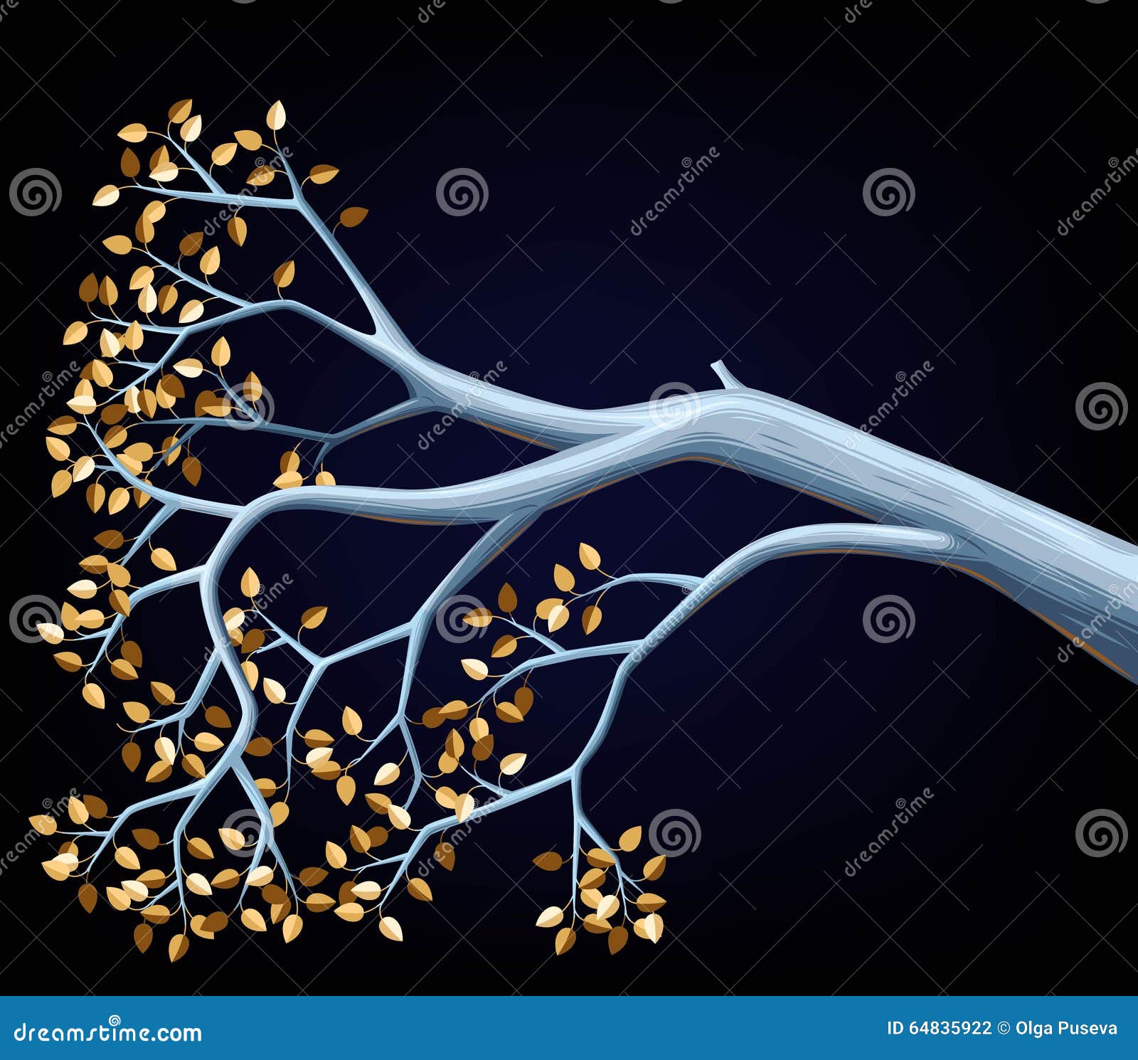Tree Branch with Golden Leaves Stock Vector - Illustration of closeup ...
