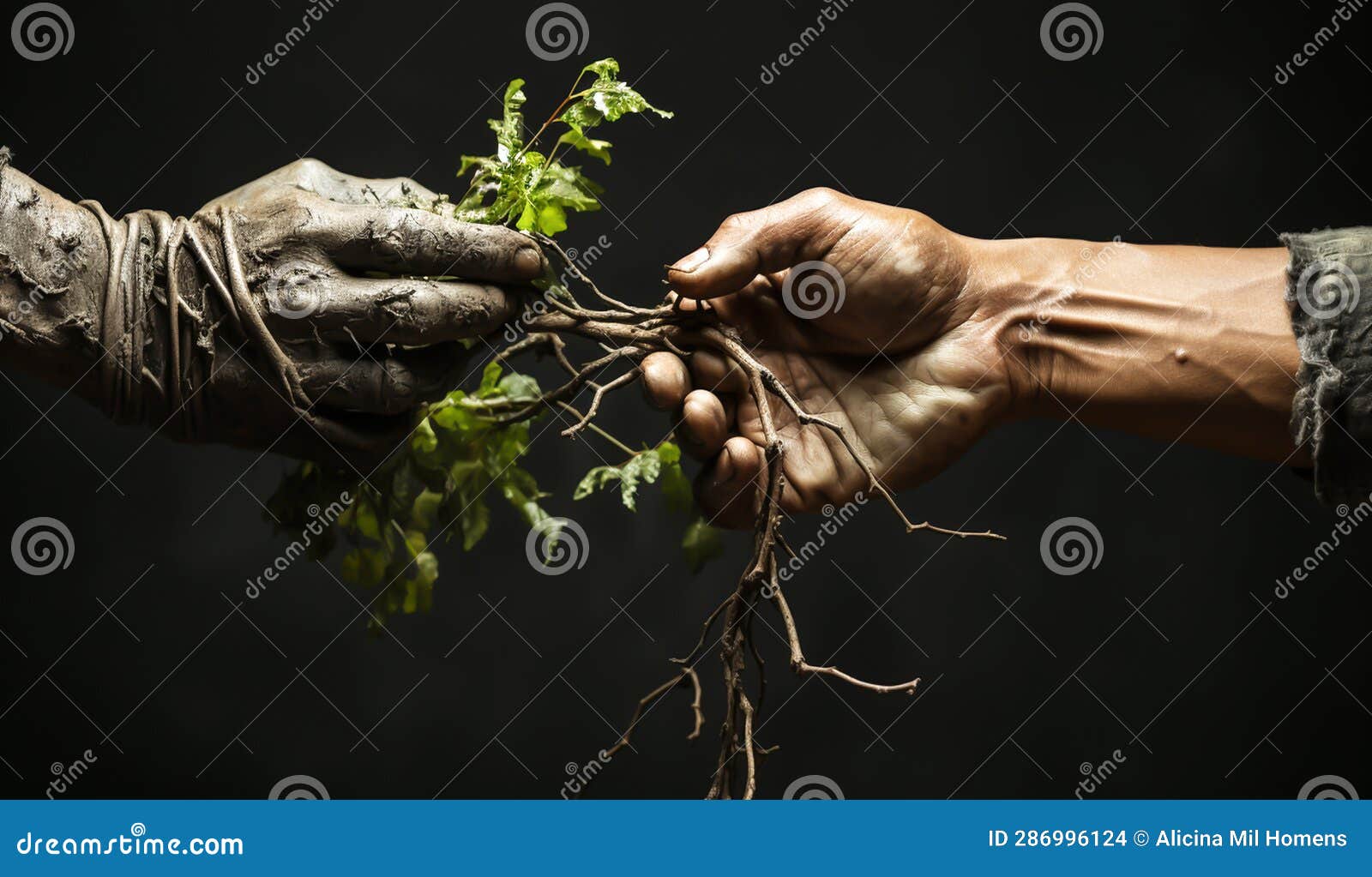 A Tree Branch Held by a Human Hand and a Hand Wrapped in Roots. AI ...
