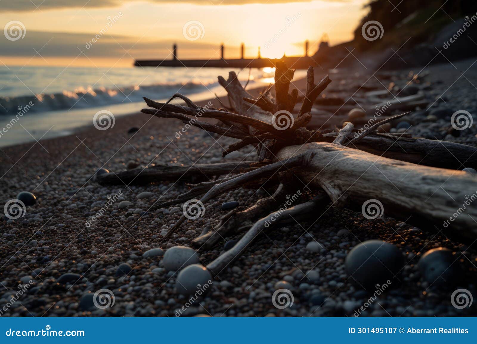 A Tree Branch Laying on the Beach at Sunset Stock Illustration ...