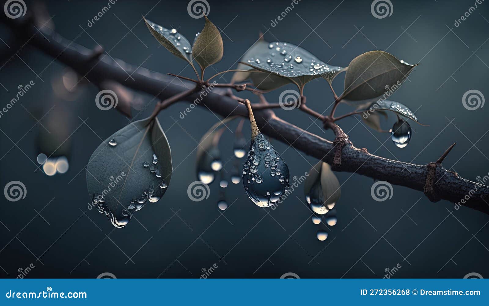 A Tree Branch with Water Drops on it and a Dark Background Stock ...