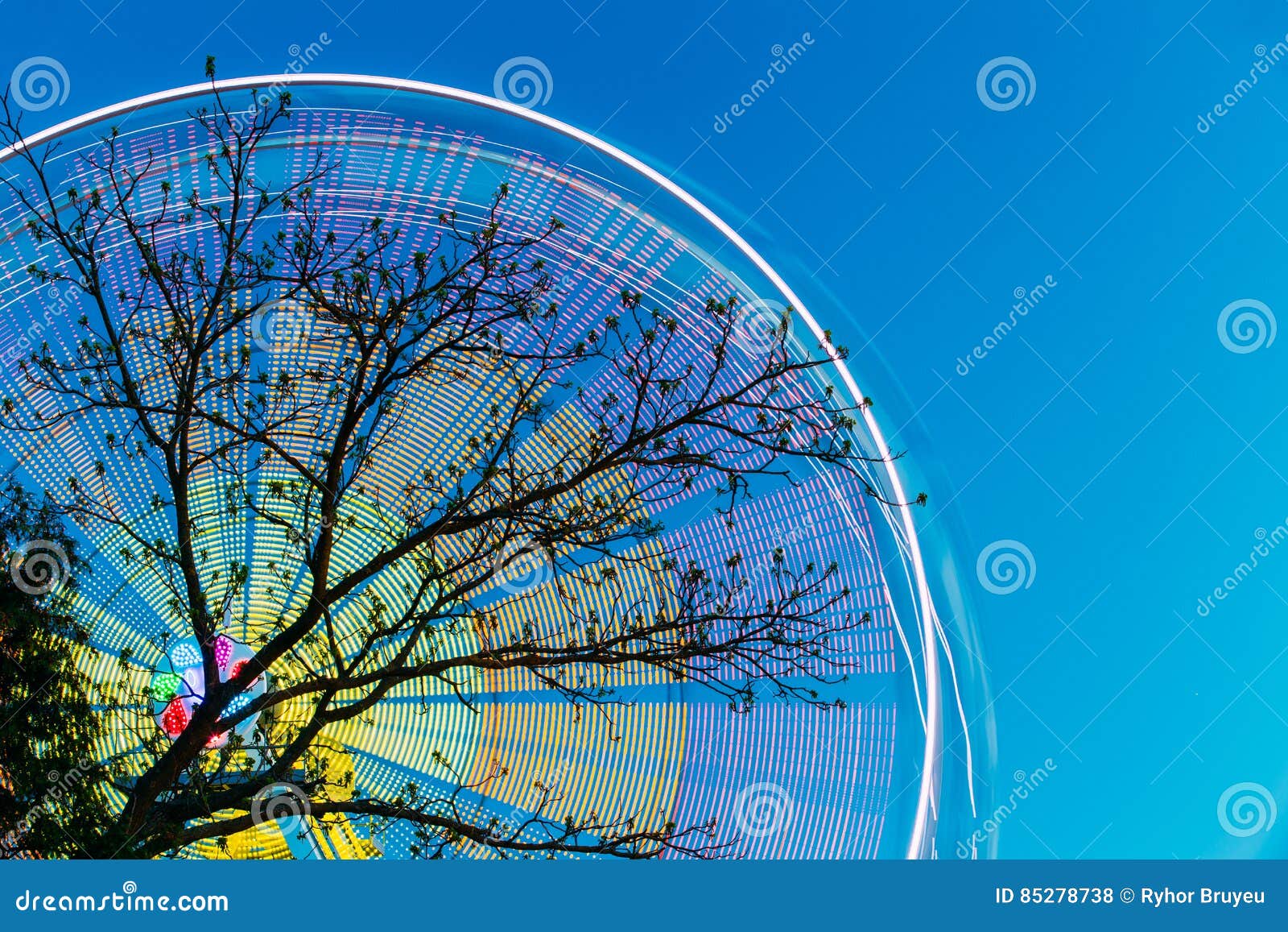 Tree Branches Against Backdrop of Bright Spinning Ferris Wheel at ...