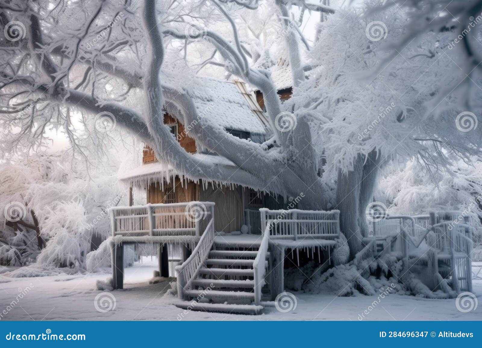 Tree Branches Encased in Ice Surrounding Treehouse Stock Illustration ...
