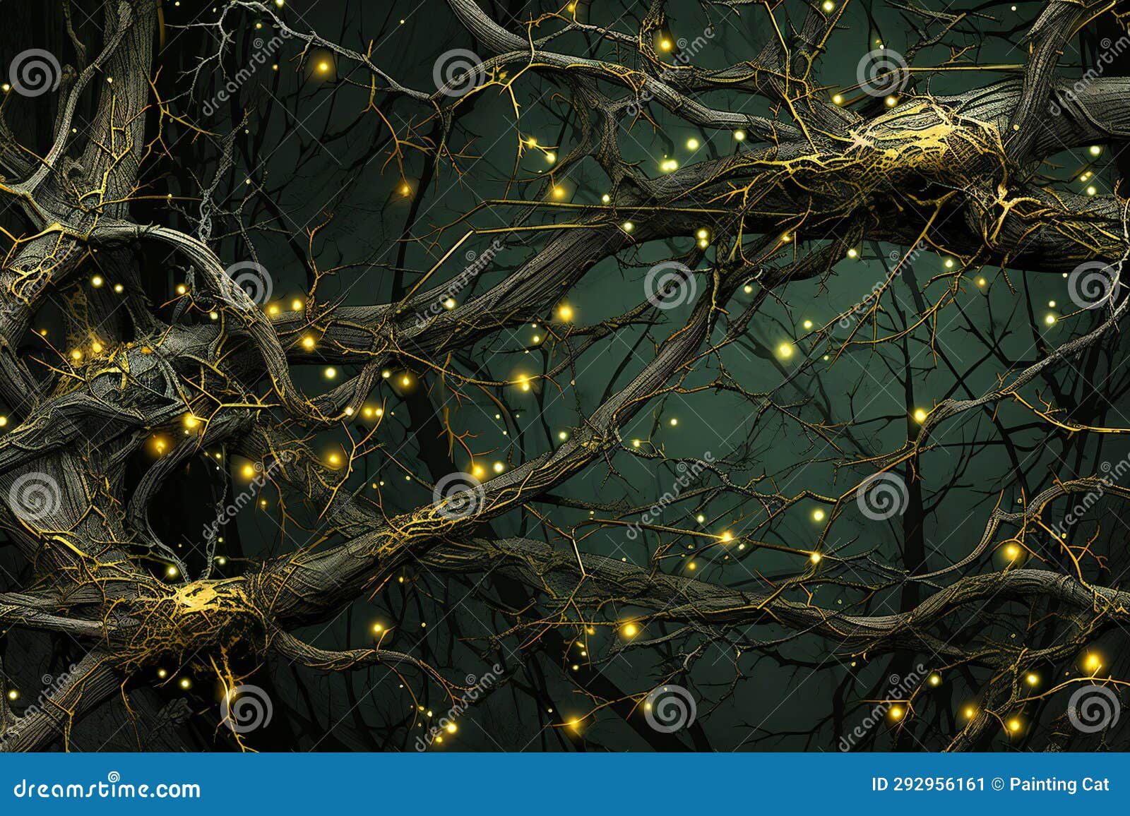 Tree Branches with Glowing Yellow Lights, Horizontal Composition Stock ...