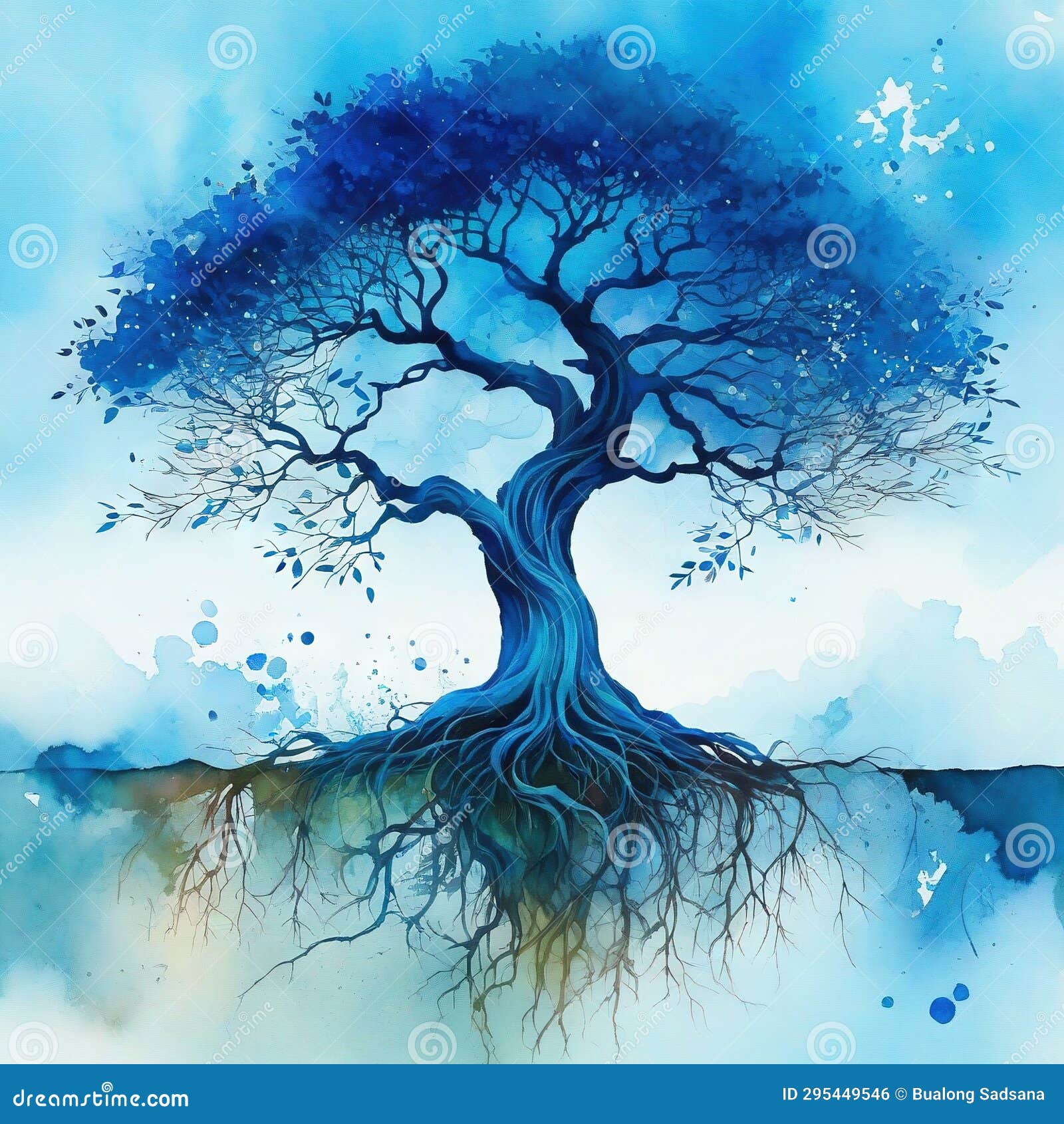 Tree with Branches and Roots of Watercolour and Alcohol Generated Stock ...