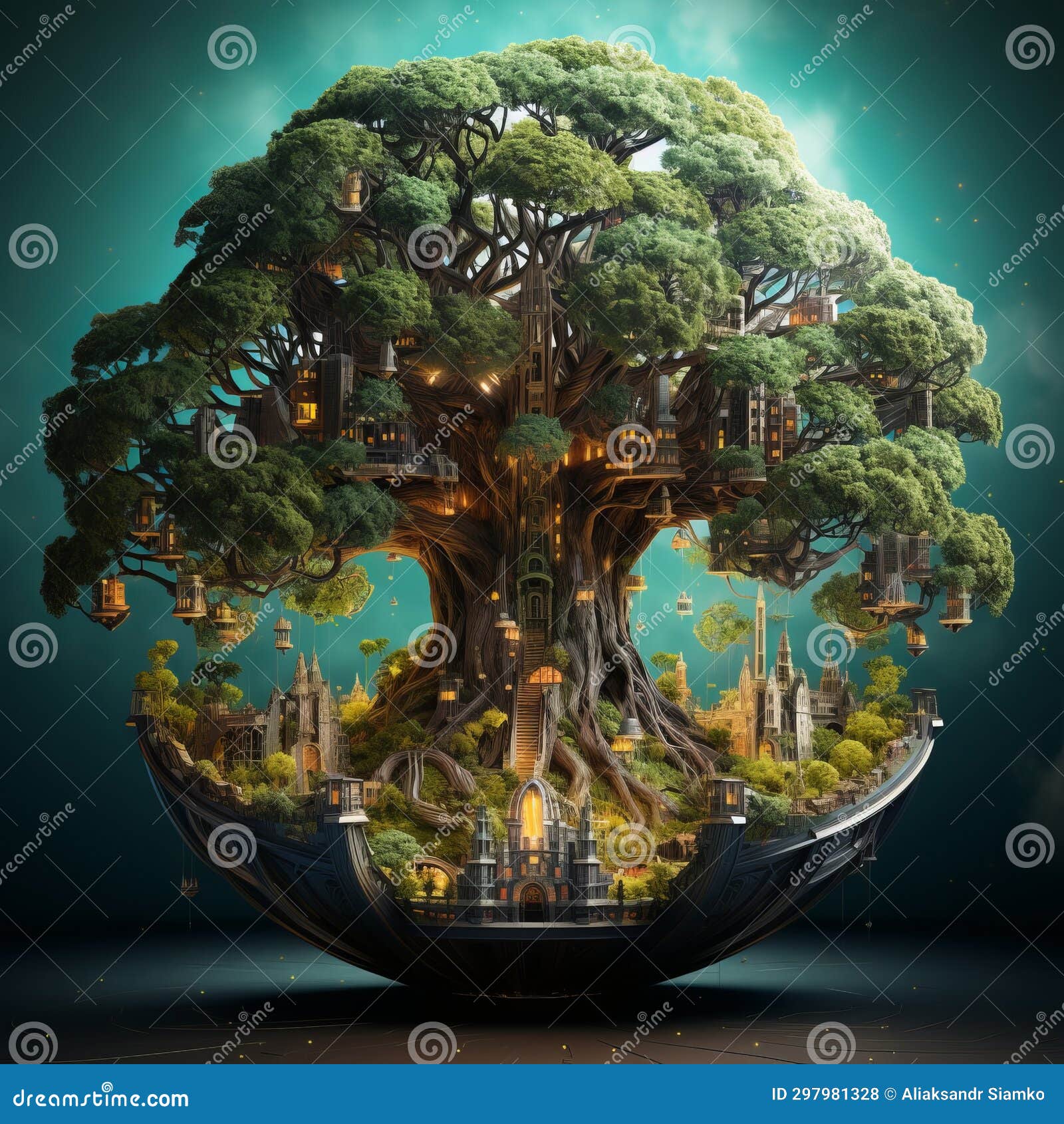 A Tree with Buildings and a Castle Stock Photo - Image of earth ...